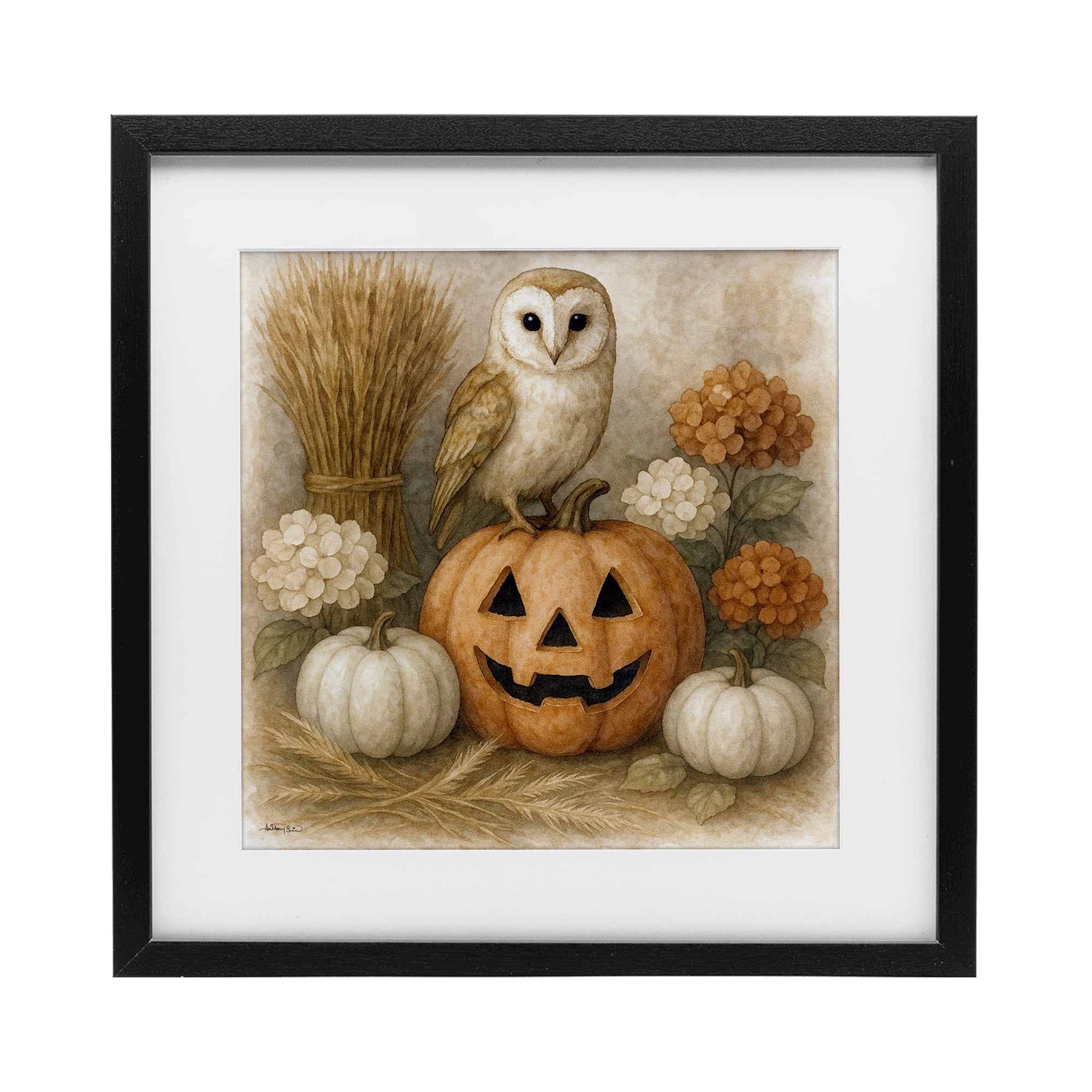 Stupell Industries Autumn Harvest Owl & Jack-o-Lantern Black Framed ...