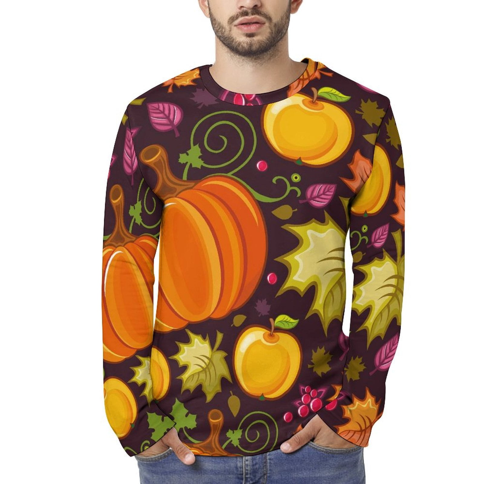 Autumn Harvest Pumpkin Joy Long Sleeve T Shirts for Men, Crew Neck Mens ...