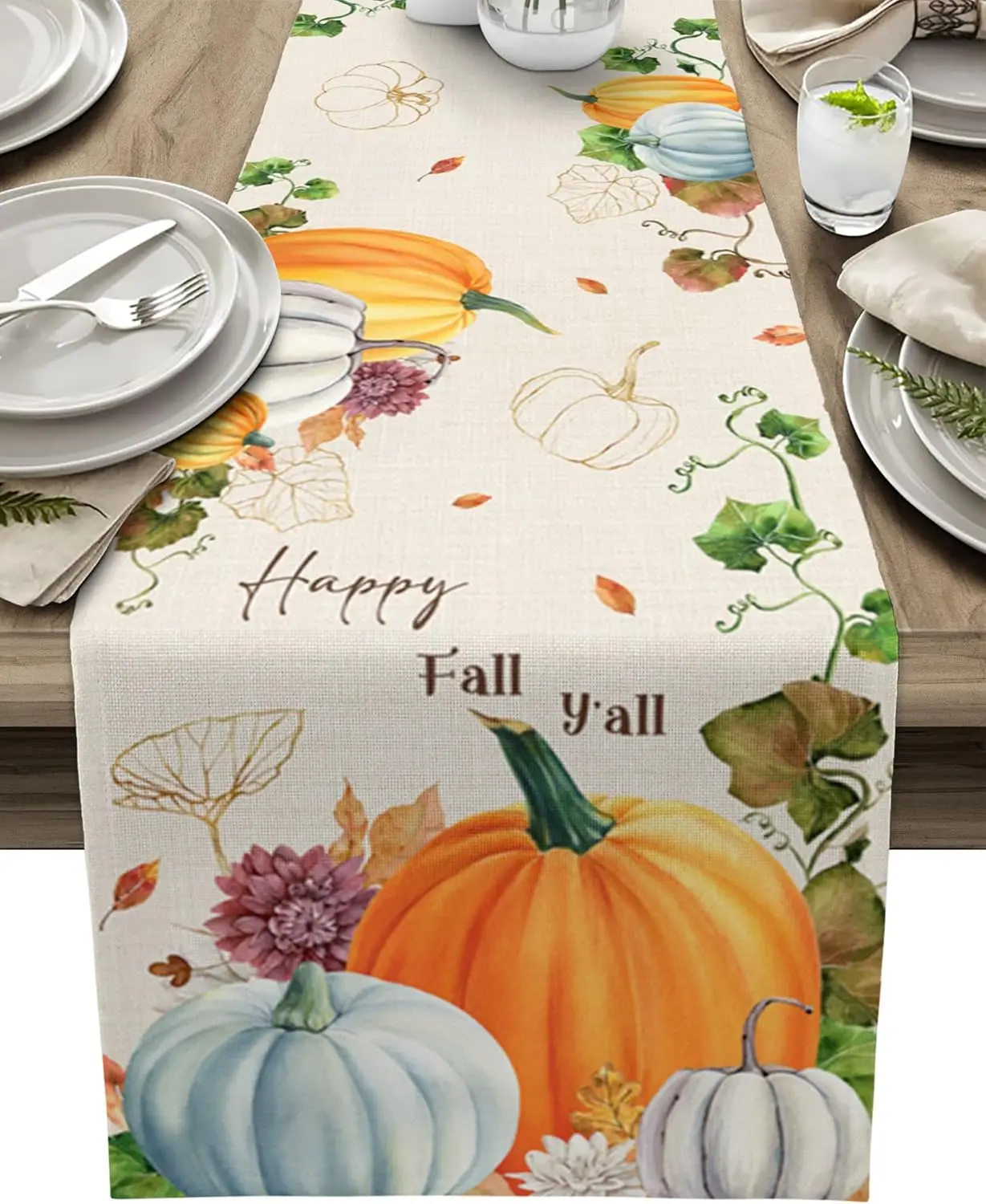 Autumn Harvest Pumpkin Linen Table Runner Holiday Party r Farmhouse ...