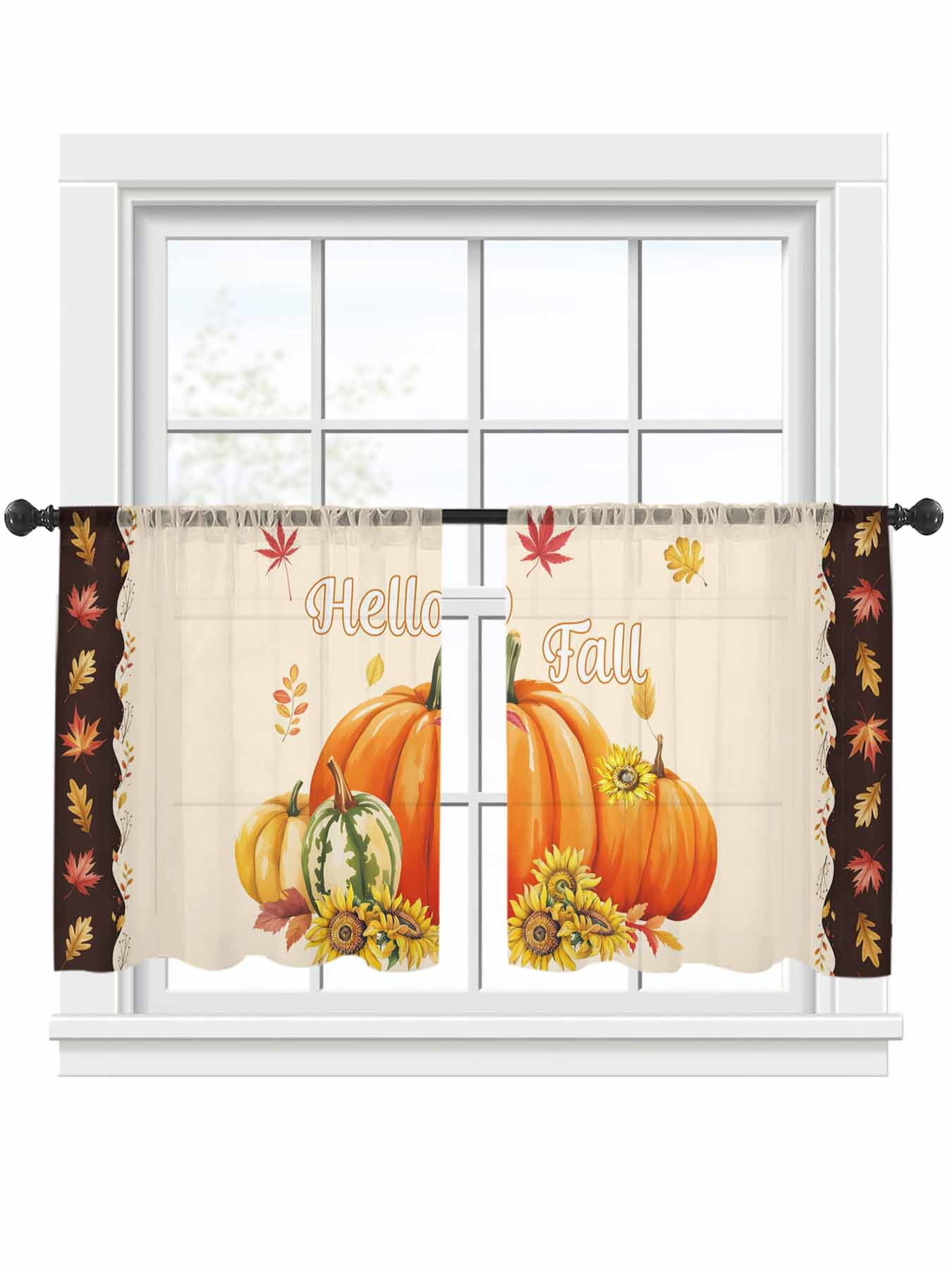 Autumn Harvest Pumpkin Maple Leaf Brown Beige Hello Fall Sheer Curtains ...