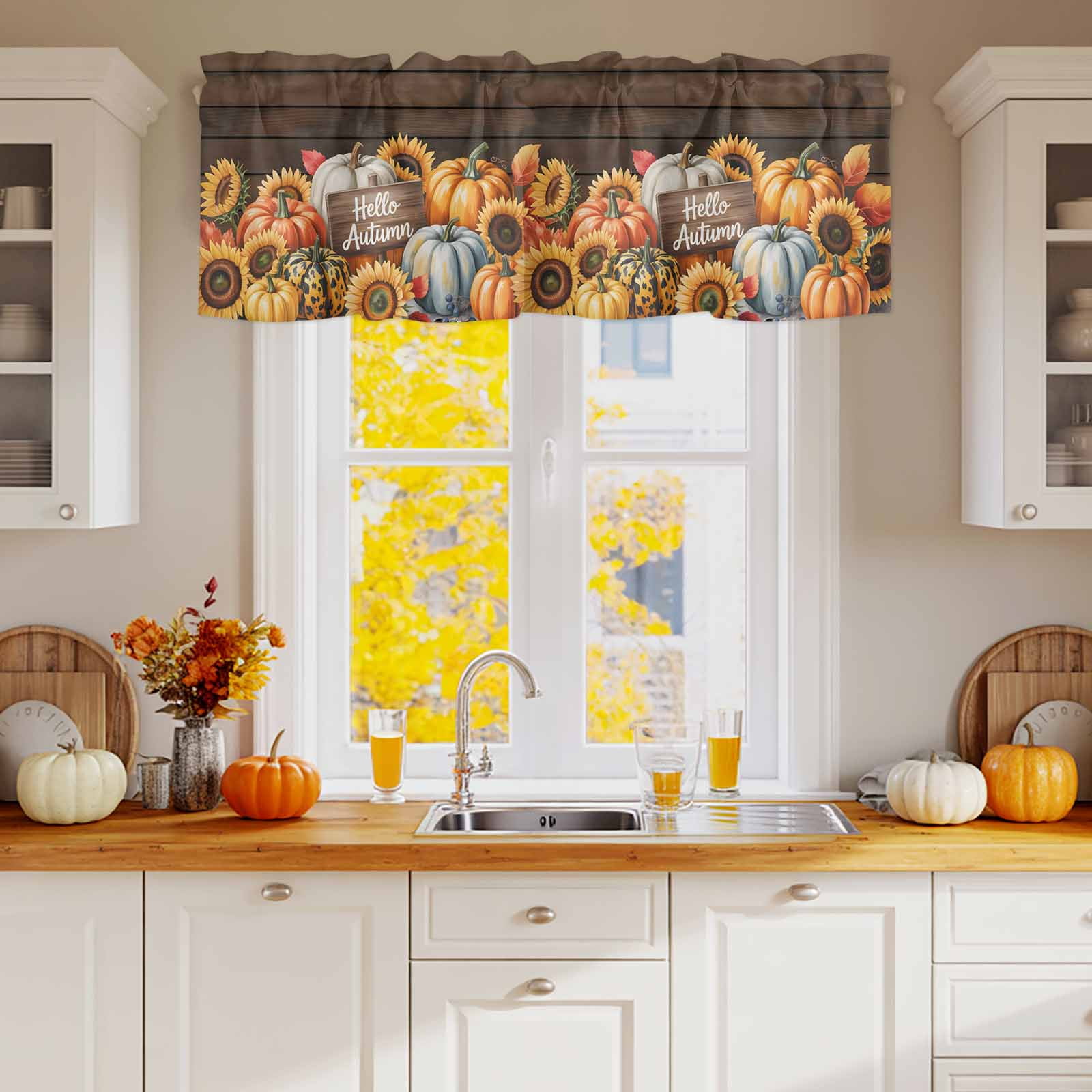 Autumn Harvest Pumpkin Sunflower Valances for Windows,Kitchen Valance ...