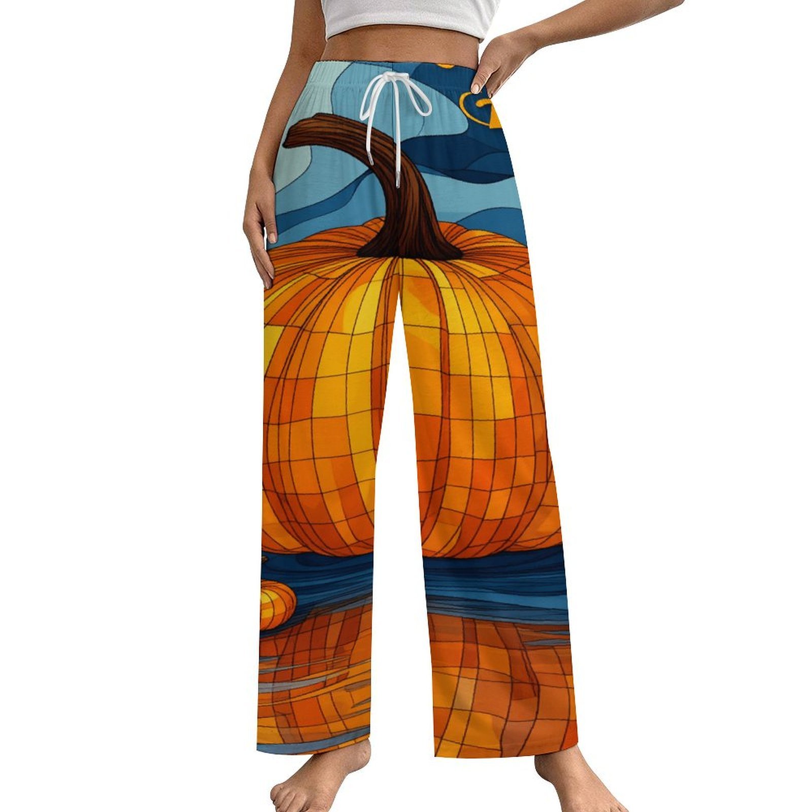 Autumn Harvest Pumpkins Water Reflection Pajama Pants Breathable with ...