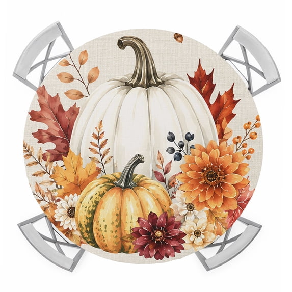 Autumn Harvest Round Table Cover, Fall White Orange Pumpkin Flowers ...