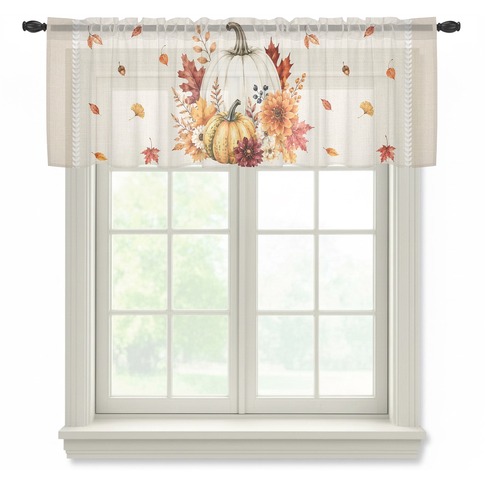 Autumn Harvest Semi Sheer Valance Curtains, Fall White Orange Pumpkin ...