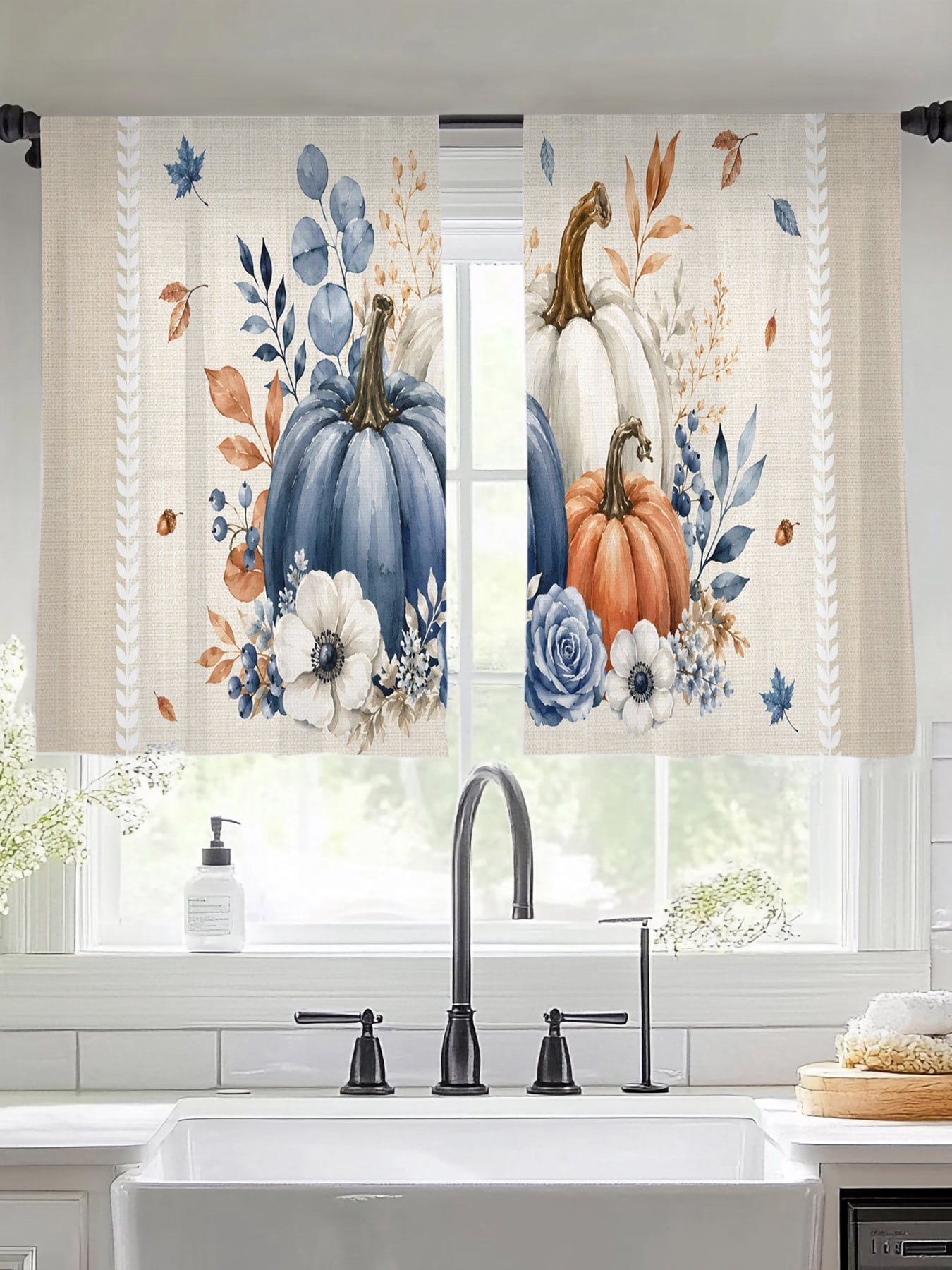 Autumn Harvest Sheer Curtains 45 inches Long, Blue White Orange Pumpkin ...