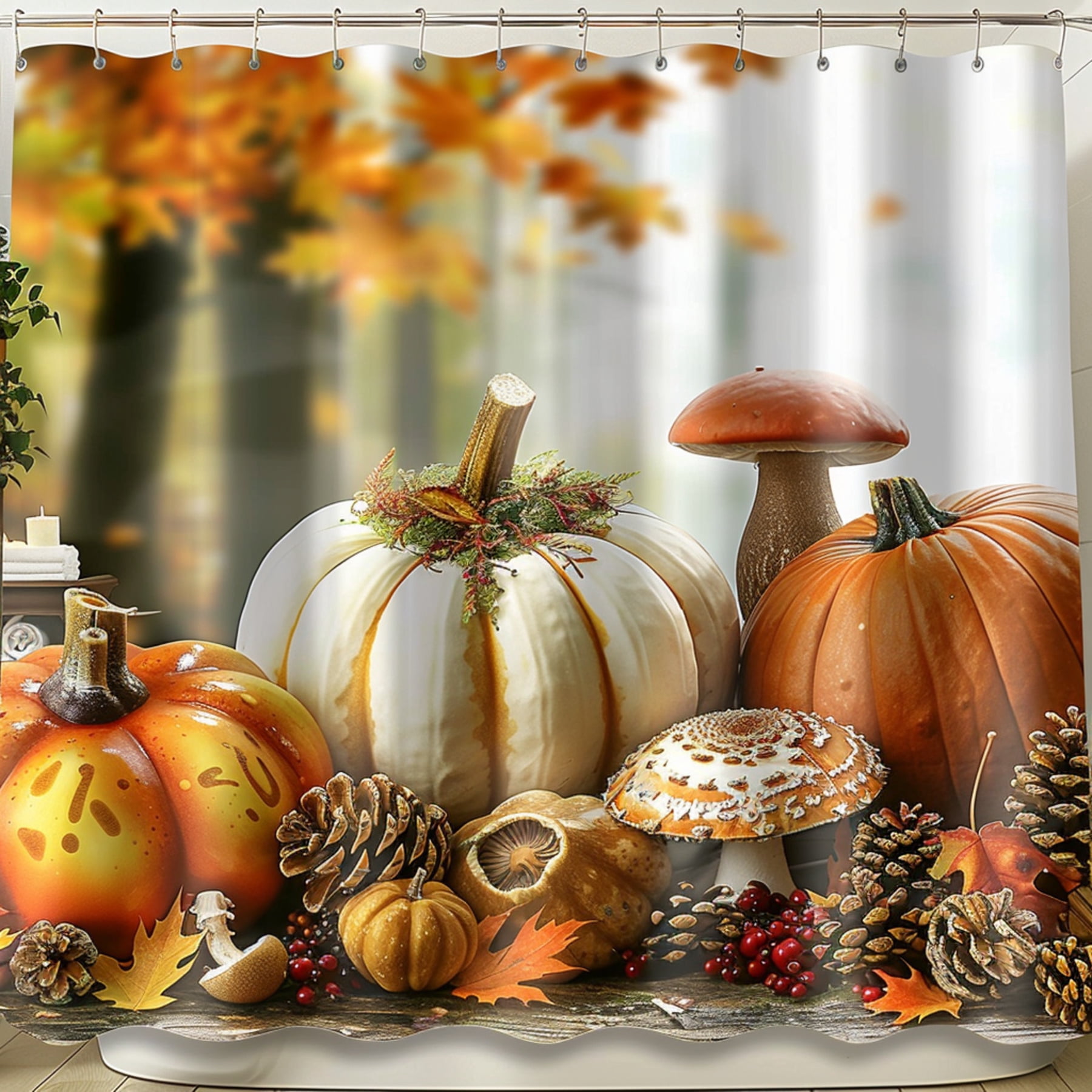 Autumn Harvest Shower Curtain Hyper Realistic Pumpkins Mushrooms and ...