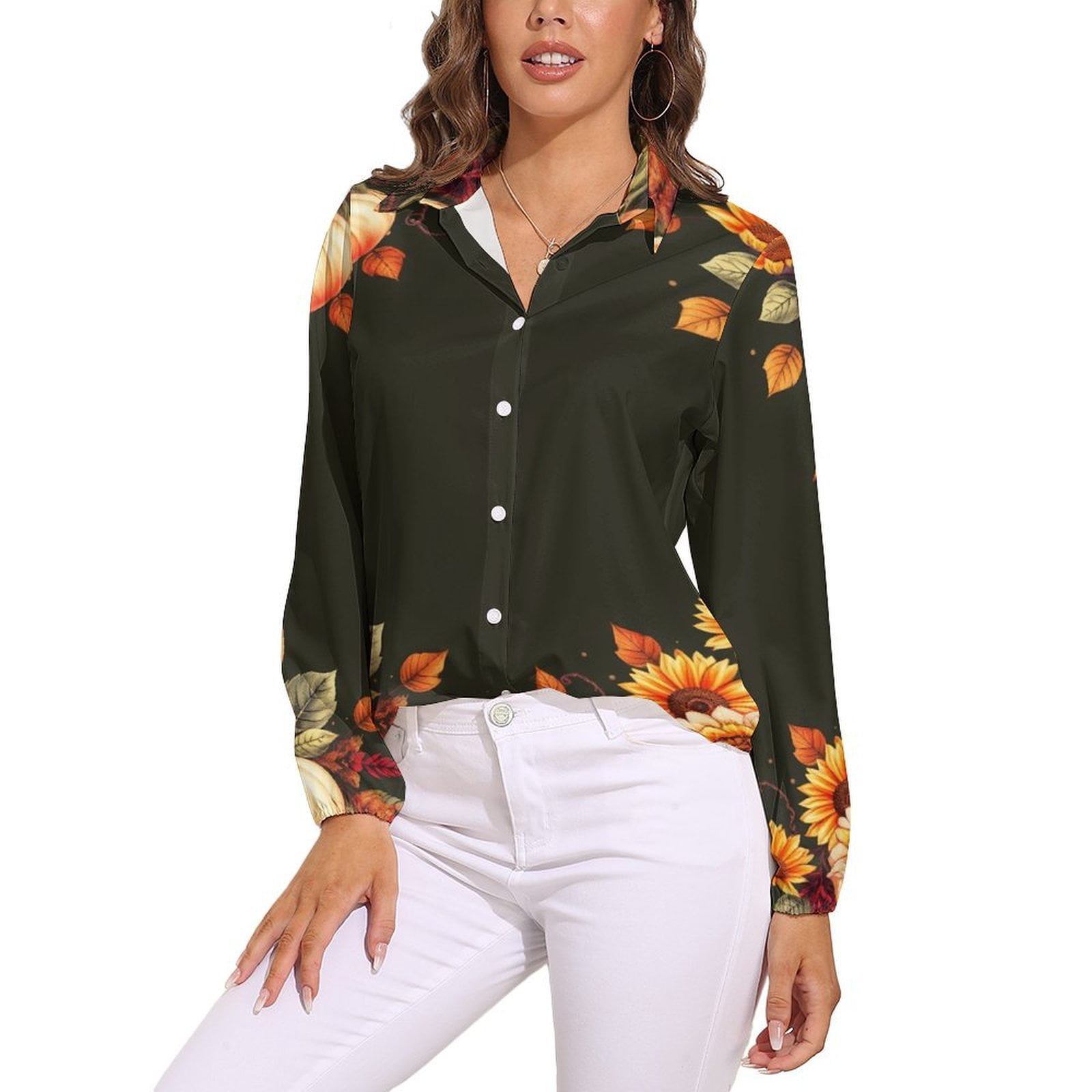 Autumn Harvest Sunflowers Pumpkins Women Long Sleeve Shirts Clothing ...