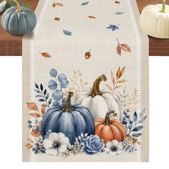 Autumn Harvest Table Runner, Blue White Orange Pumpkin Flowers Rustic ...