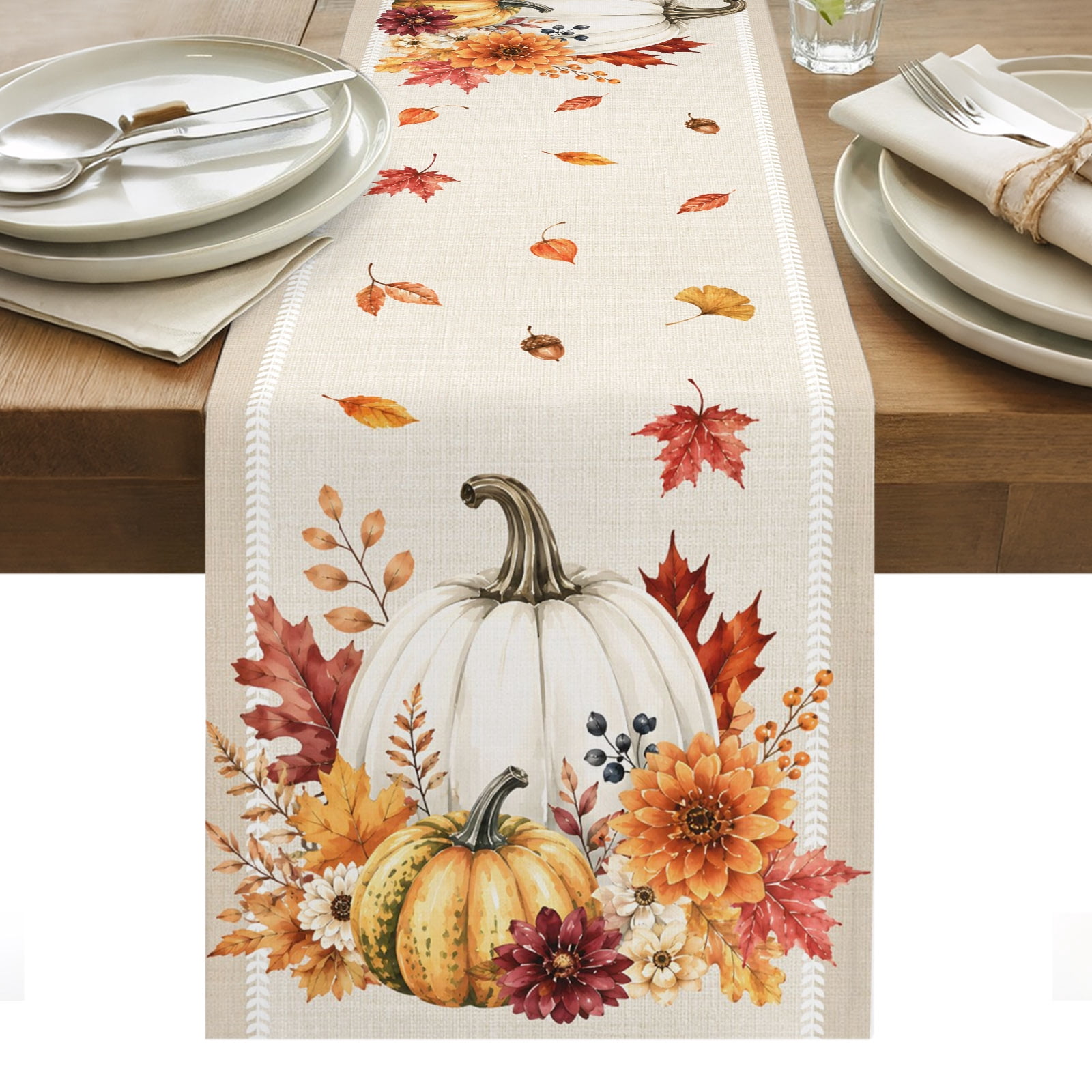 Autumn Harvest Table Runner, Fall White Orange Pumpkin Flowers Rustic ...