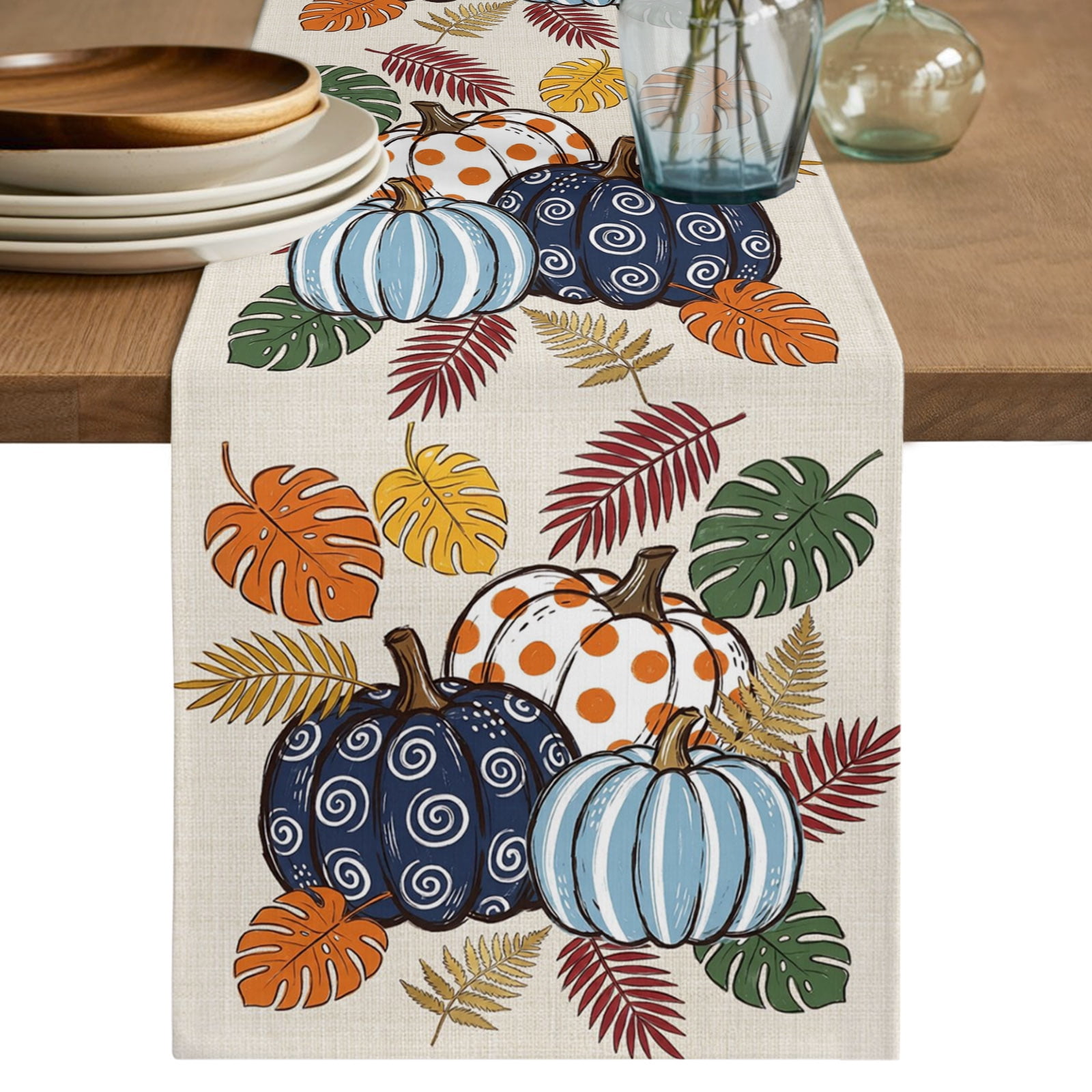Autumn Harvest Table Runner, Halloween Polka Dots Stripe Pumpkins Palm ...