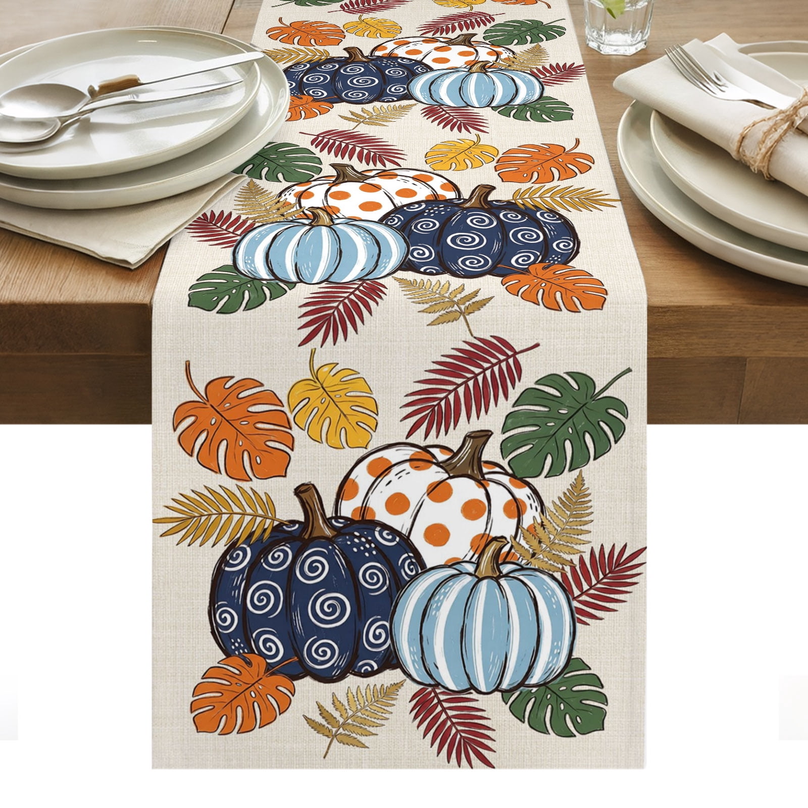 Autumn Harvest Table Runner, Halloween Polka Dots Stripe Pumpkins Palm ...