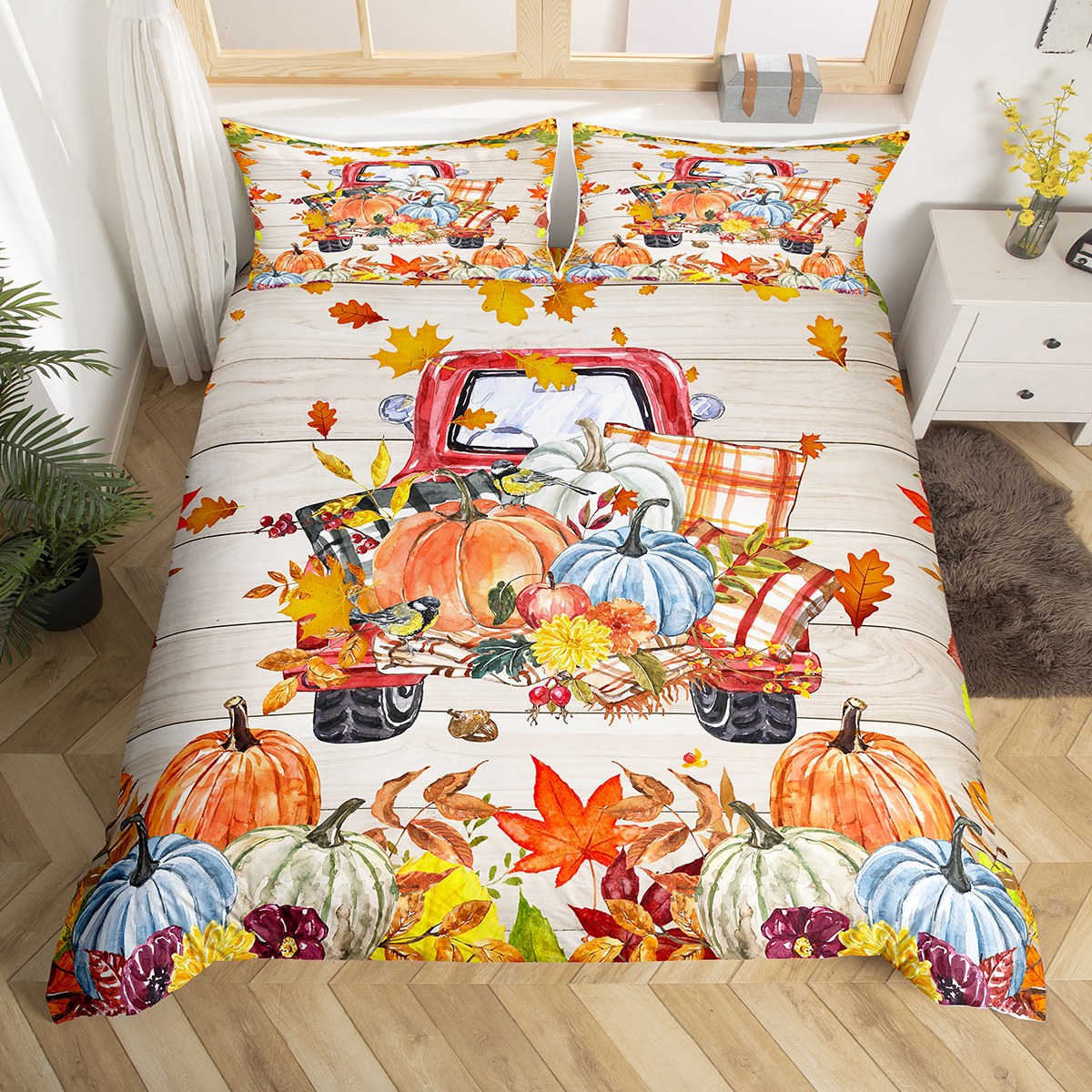 Autumn Harvest Theme Duvet Cover Maple Leaf Pumpkin Decor Bedding Set ...