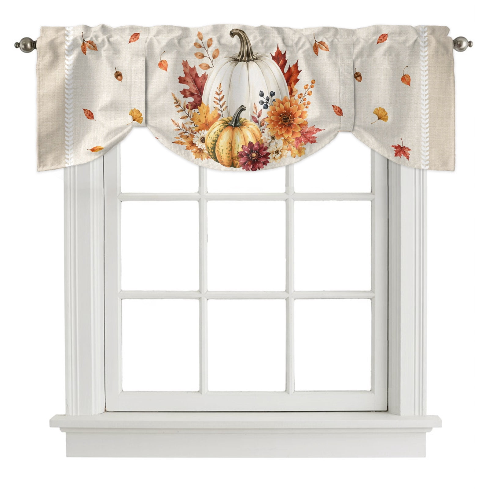 Autumn Harvest Tie Up Valances Curtain, Fall White Orange Pumpkin ...