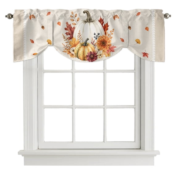 Autumn Harvest Tie Up Valances Curtain, Fall White Orange Pumpkin ...