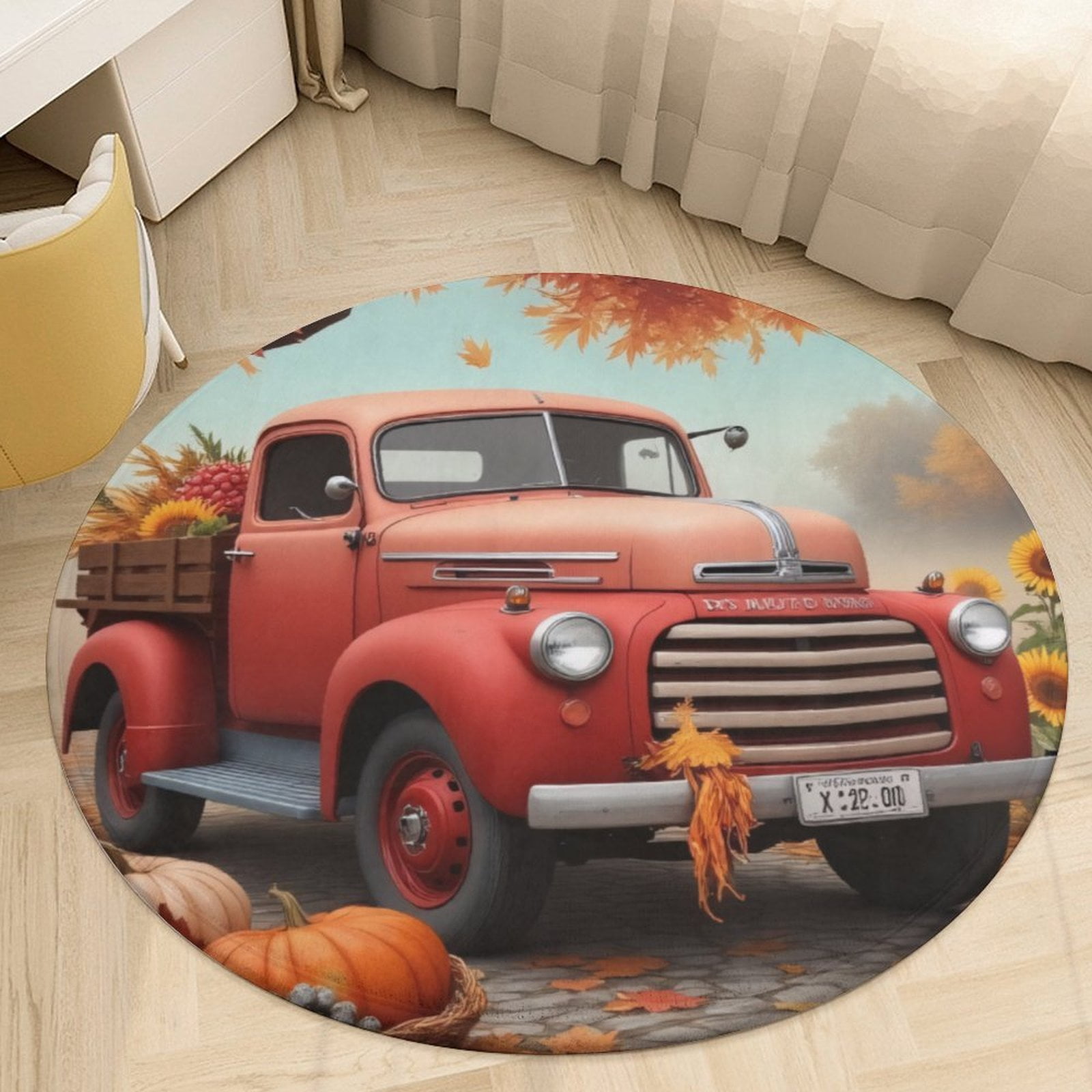 Autumn Harvest Truck Scene Round Area Rugs for Bedroom Living Room, 5FT ...