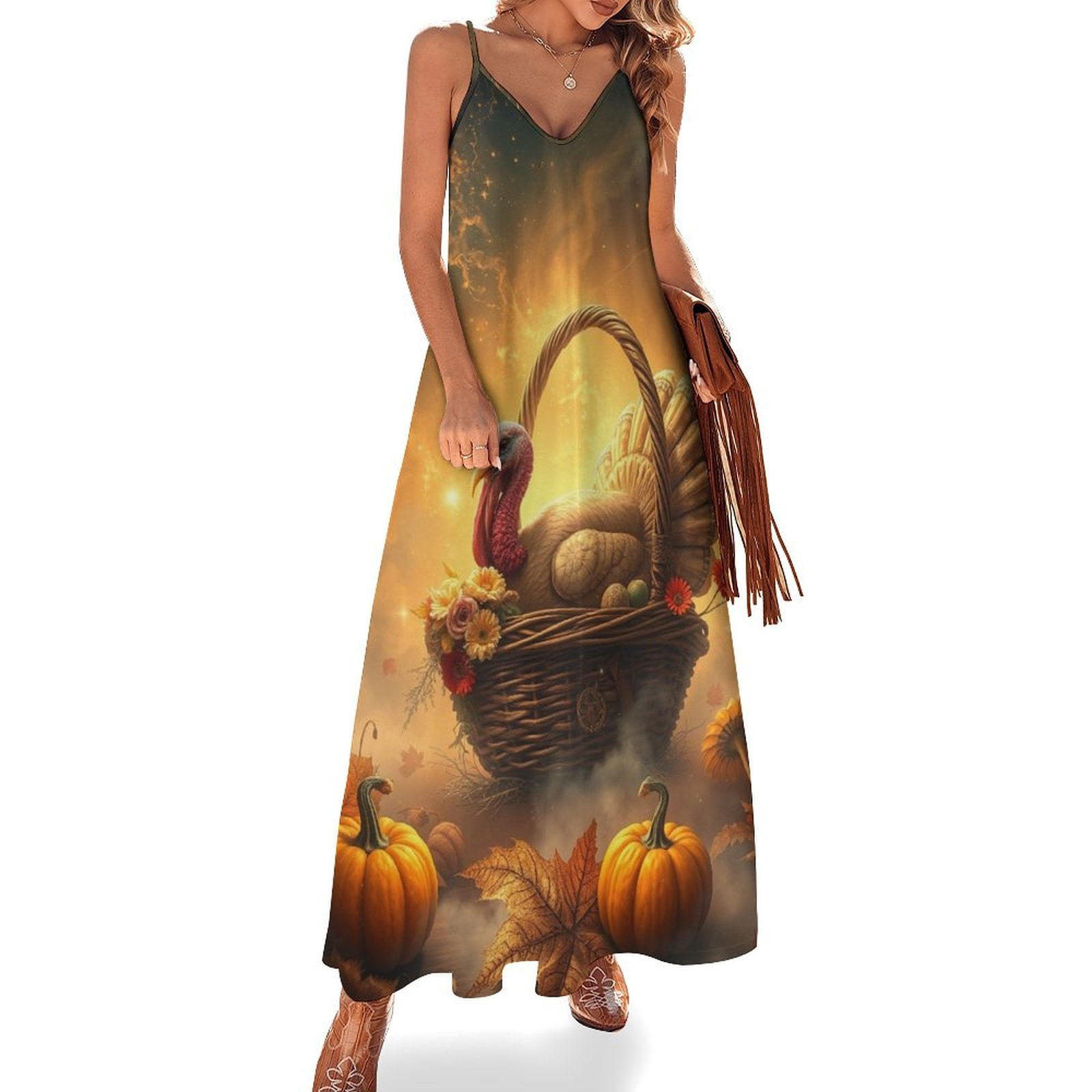 Autumn Harvest Turkey Basket Sleeveless Dress Summer Outfits for Women ...