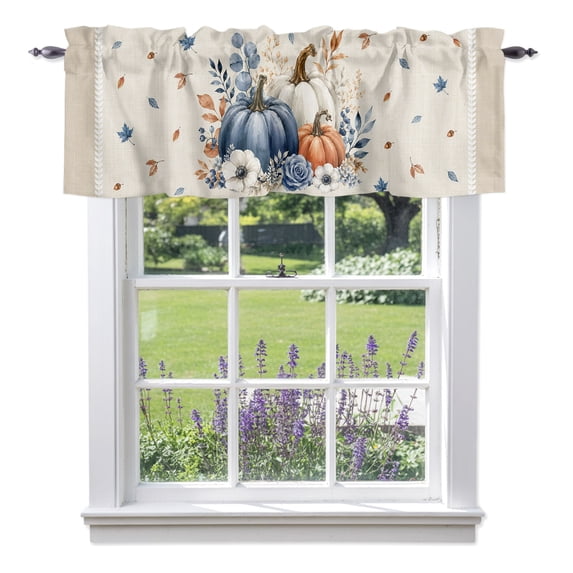 Autumn Harvest Valances for Windows, Blue White Orange Pumpkin Flowers ...