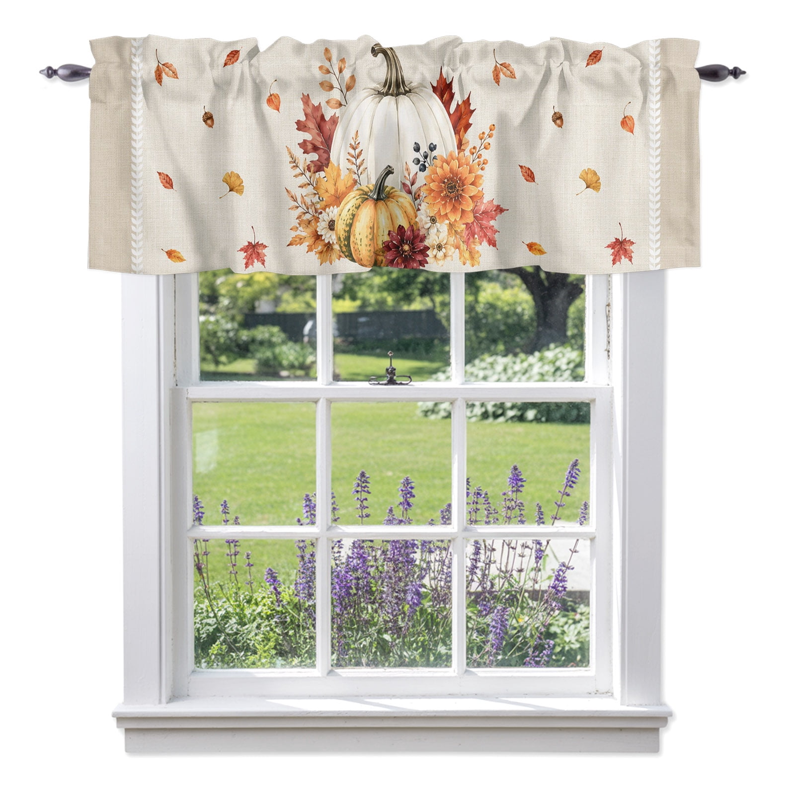 Autumn Harvest Valances for Windows Fall White Orange Pumpkin Flowers ...