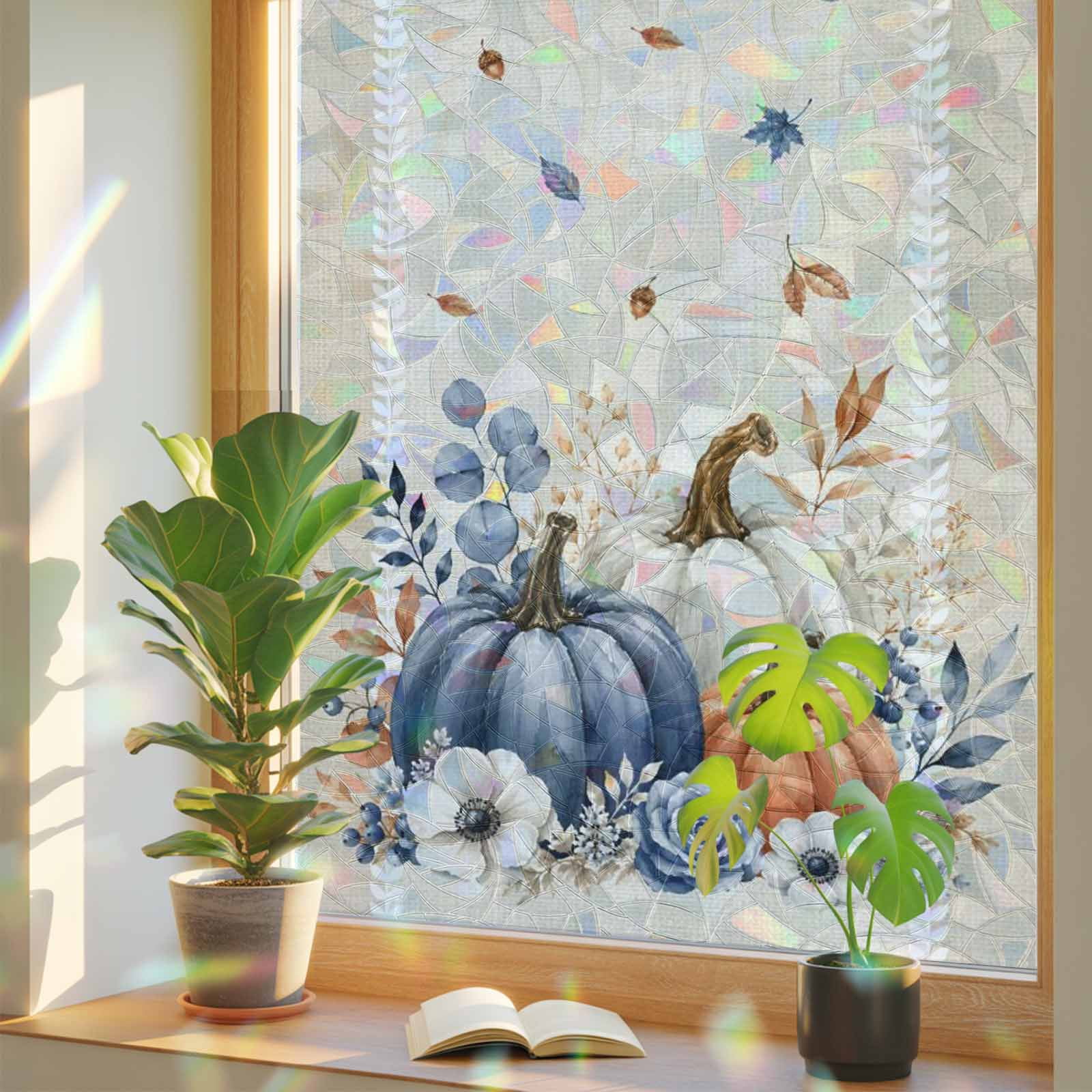 Autumn Harvest Window Privacy Film, Blue White Orange Pumpkin Flowers ...