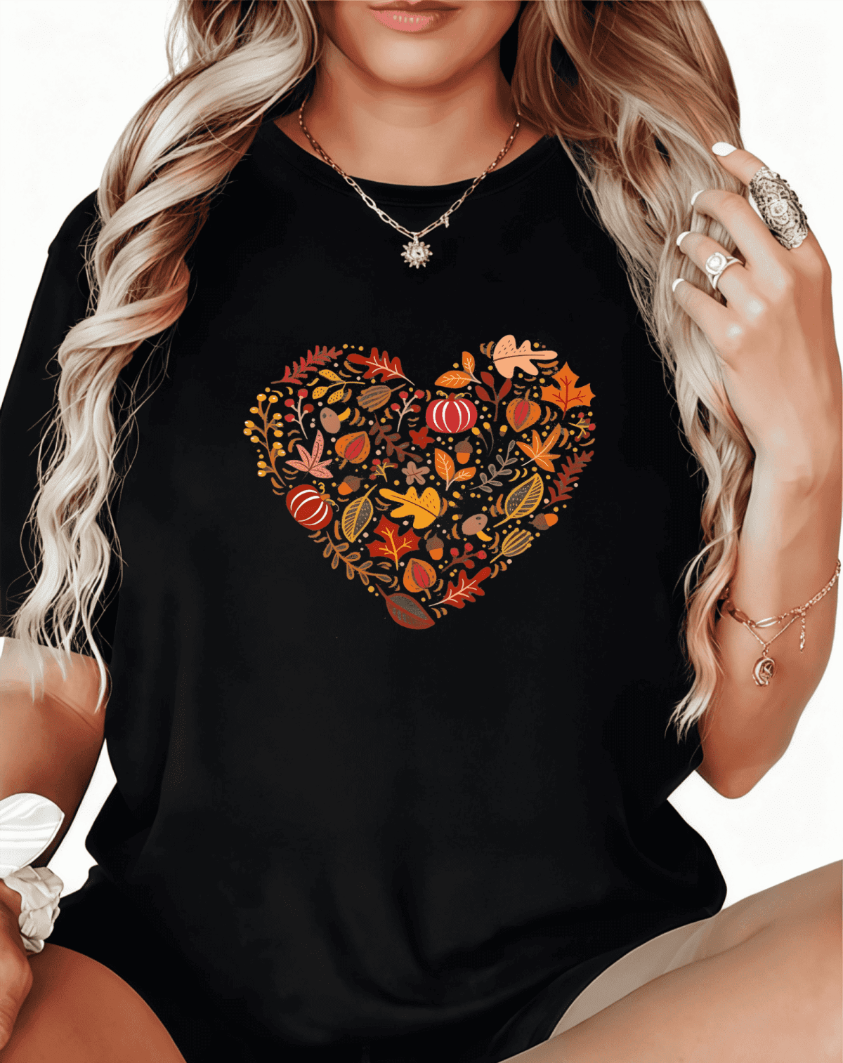 Autumn Heart Floral Loving Graphic Breathable Tee T-Shirt Print Top Short Sleeve Round Neck ...