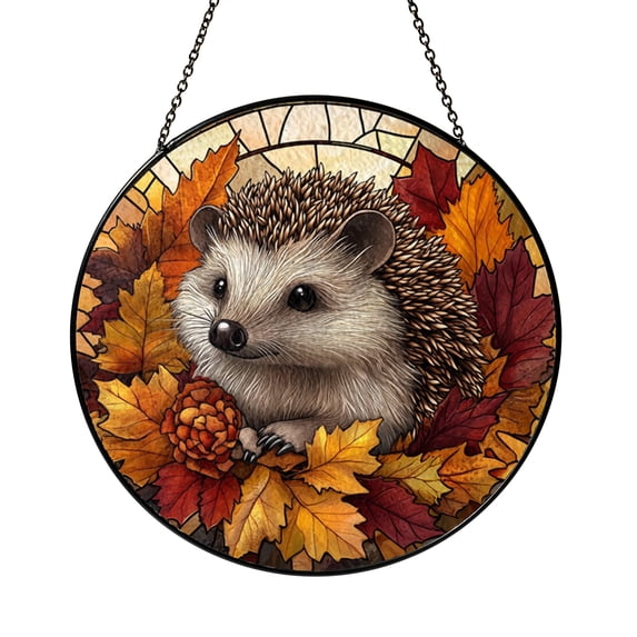Autumn Hedgehog Scene Stained Glass Window Hanging Decor - Walmart.com