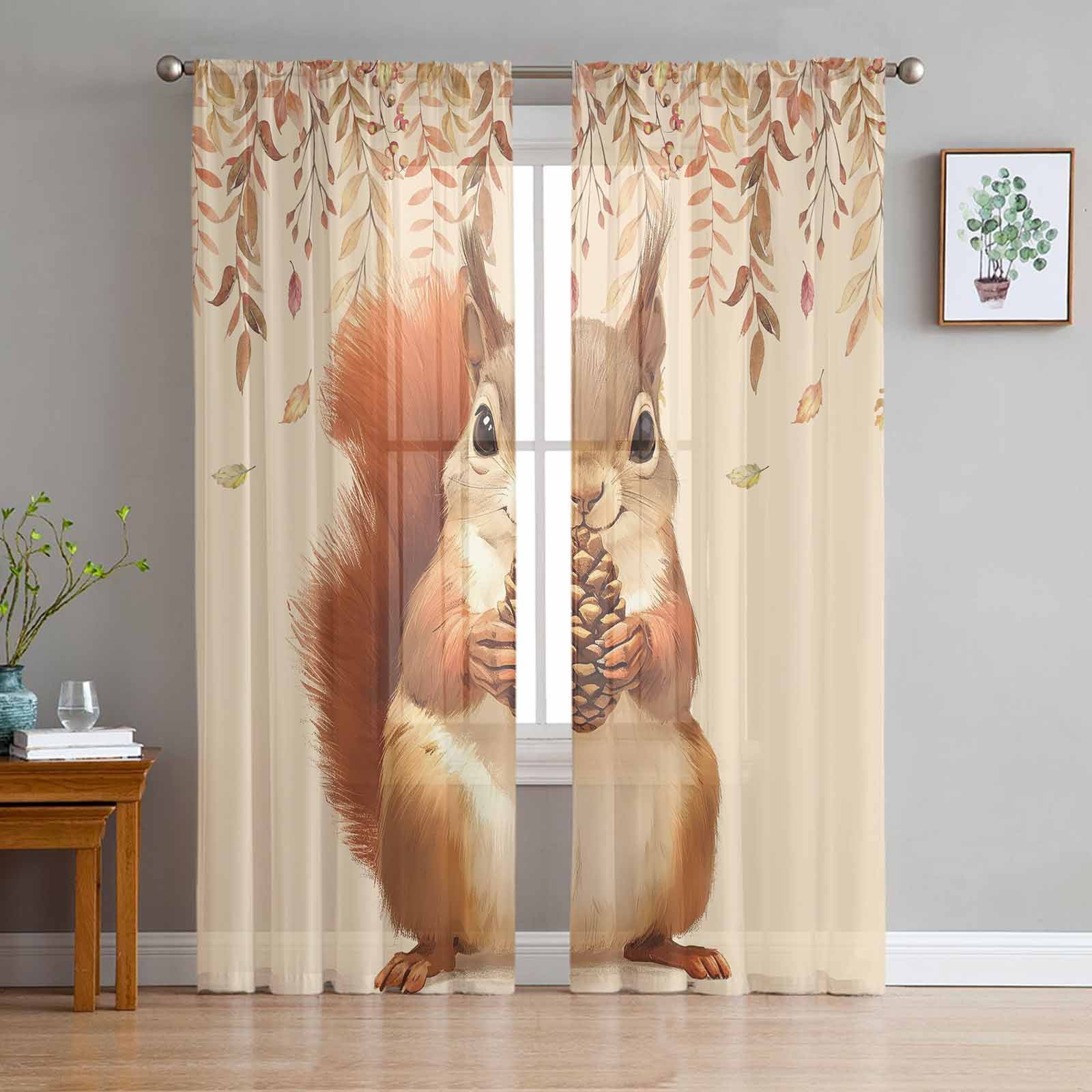 Autumn Herbs Squirrel Window Tulle Curtains for Living Room Kitchen ...