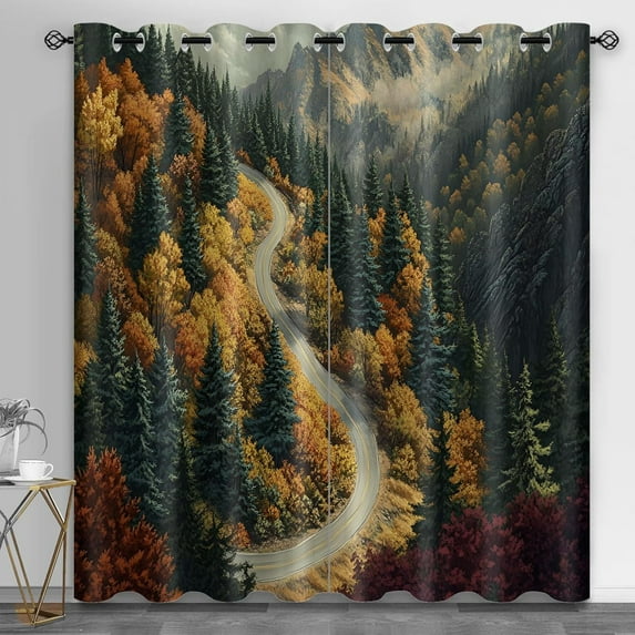 Autumn Highway Print 3D Print Window Curtain Panel, Mountain Scenery ...