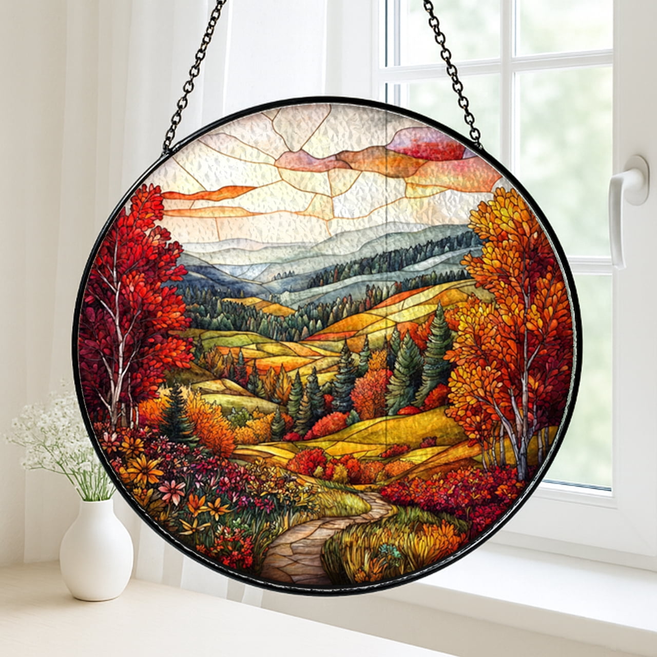 Autumn Hill Meadow Scene Suncatcher Stained Glass Look Window Art Fall ...