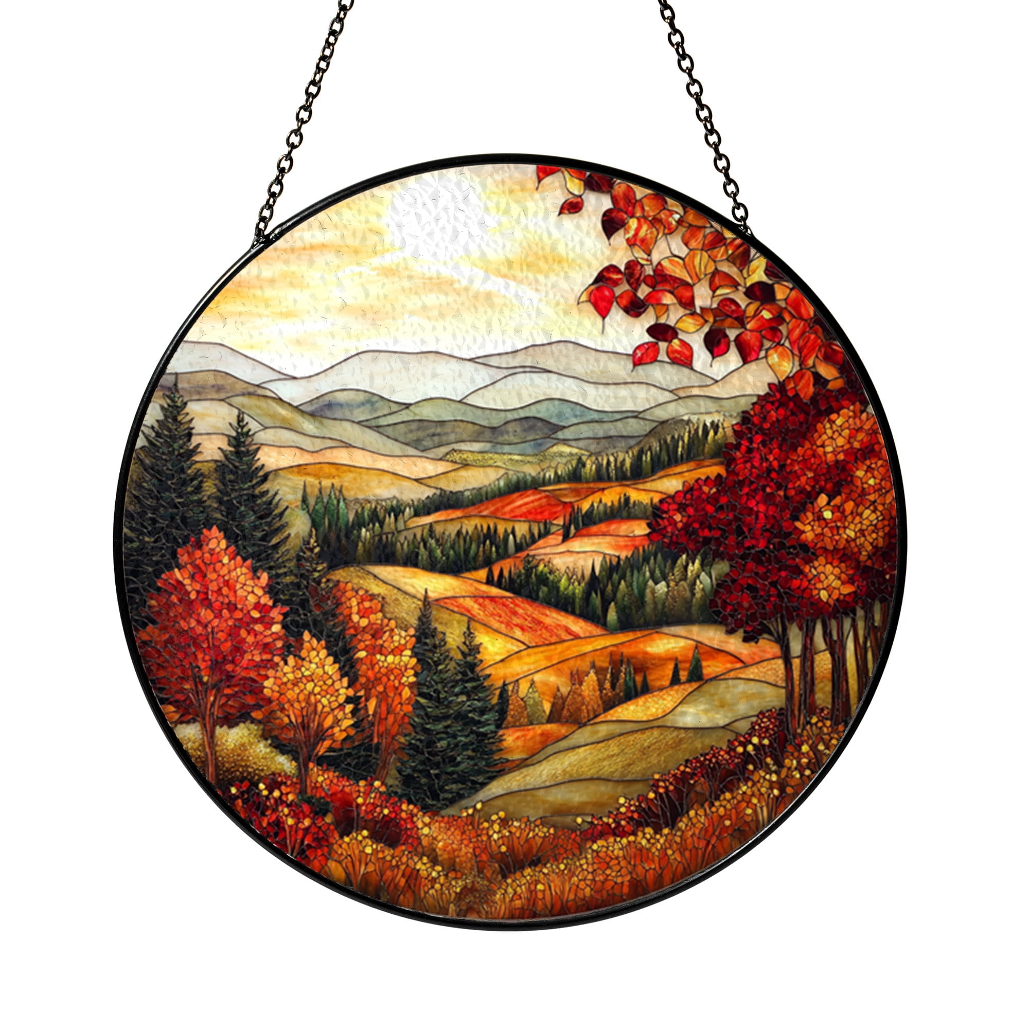 Autumn Hill Stained Glass Suncatcher Fall Meadow Window Hanging Rustic ...