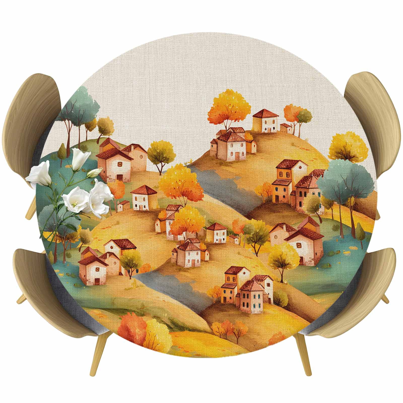 Autumn Hills Fall Round Tablecloth, Fitted Table Cover with Elastic for ...