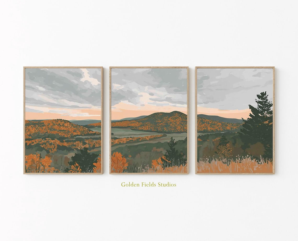 Autumn Hills Set Of Fall Landscape Wall Art Forest Valley Illustration ...