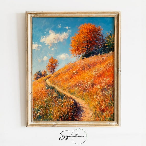 Autumn Hillside Path, Rustic Fall Landscape Art, Vibrant Trees, Earthy ...