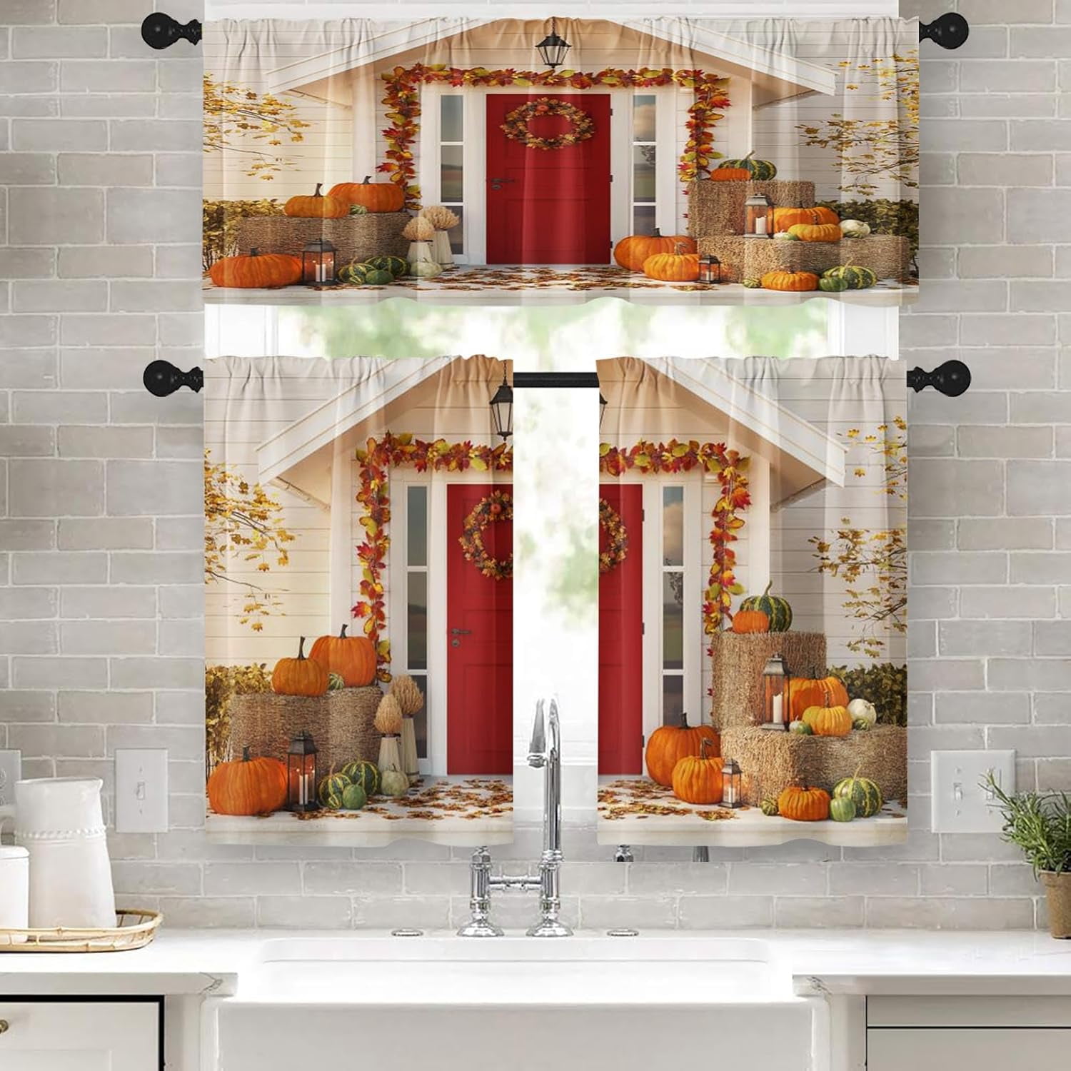 Autumn House Kitchen Curtains Window Curtains Valance and Tier Set 36 ...