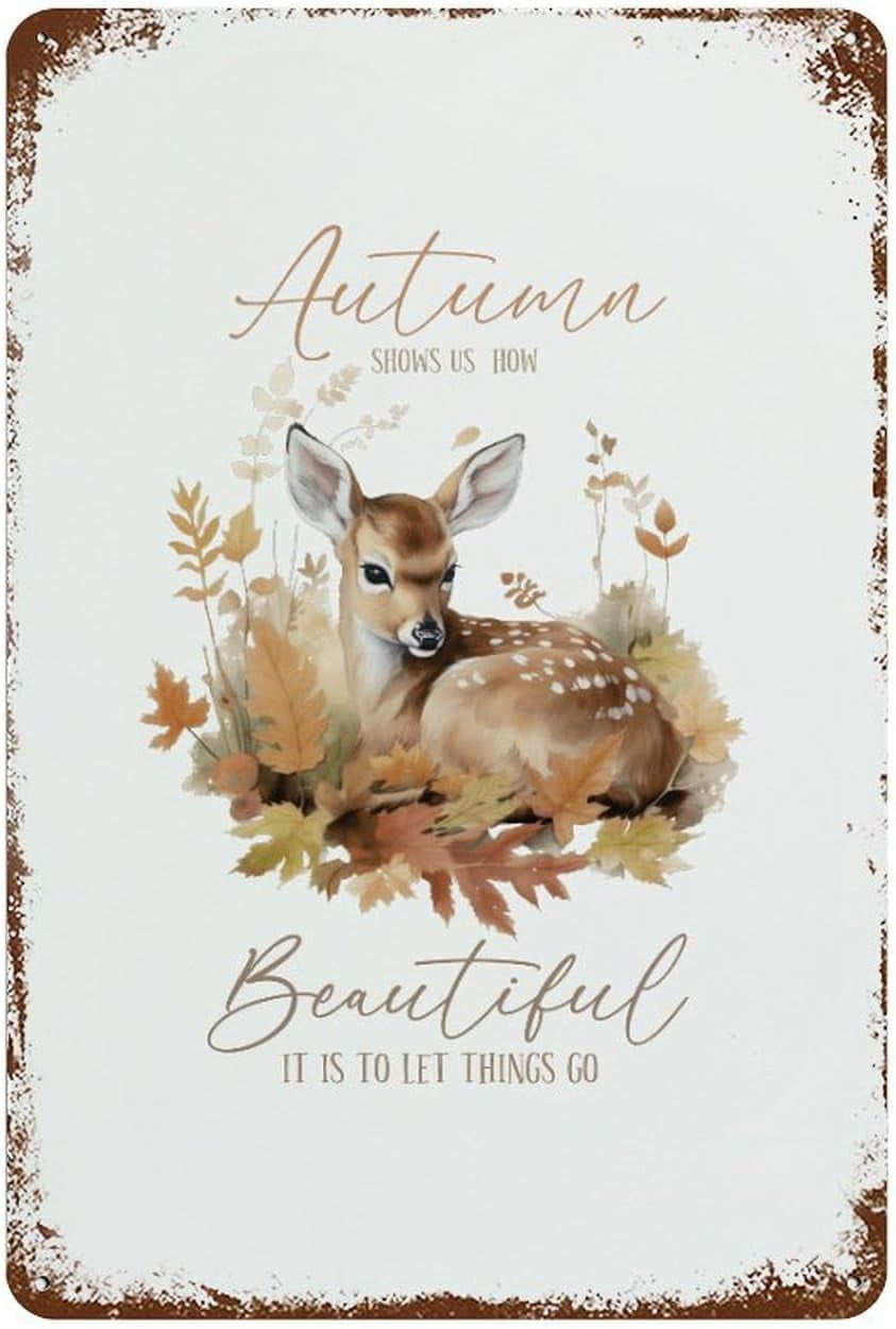Autumn Inspirational Metal Sign Wall Art, Autumn Deer Tin Plaque Rustic ...