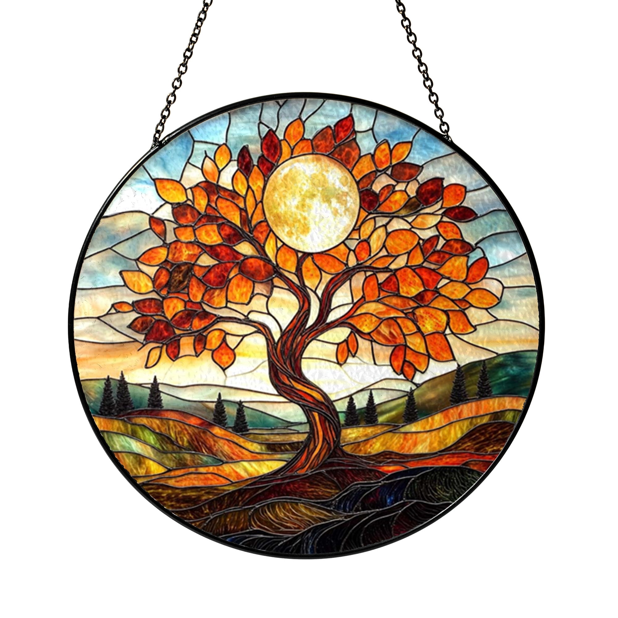 Autumn-Inspired Tree Stained Glass Style Suncatcher – Round Window ...