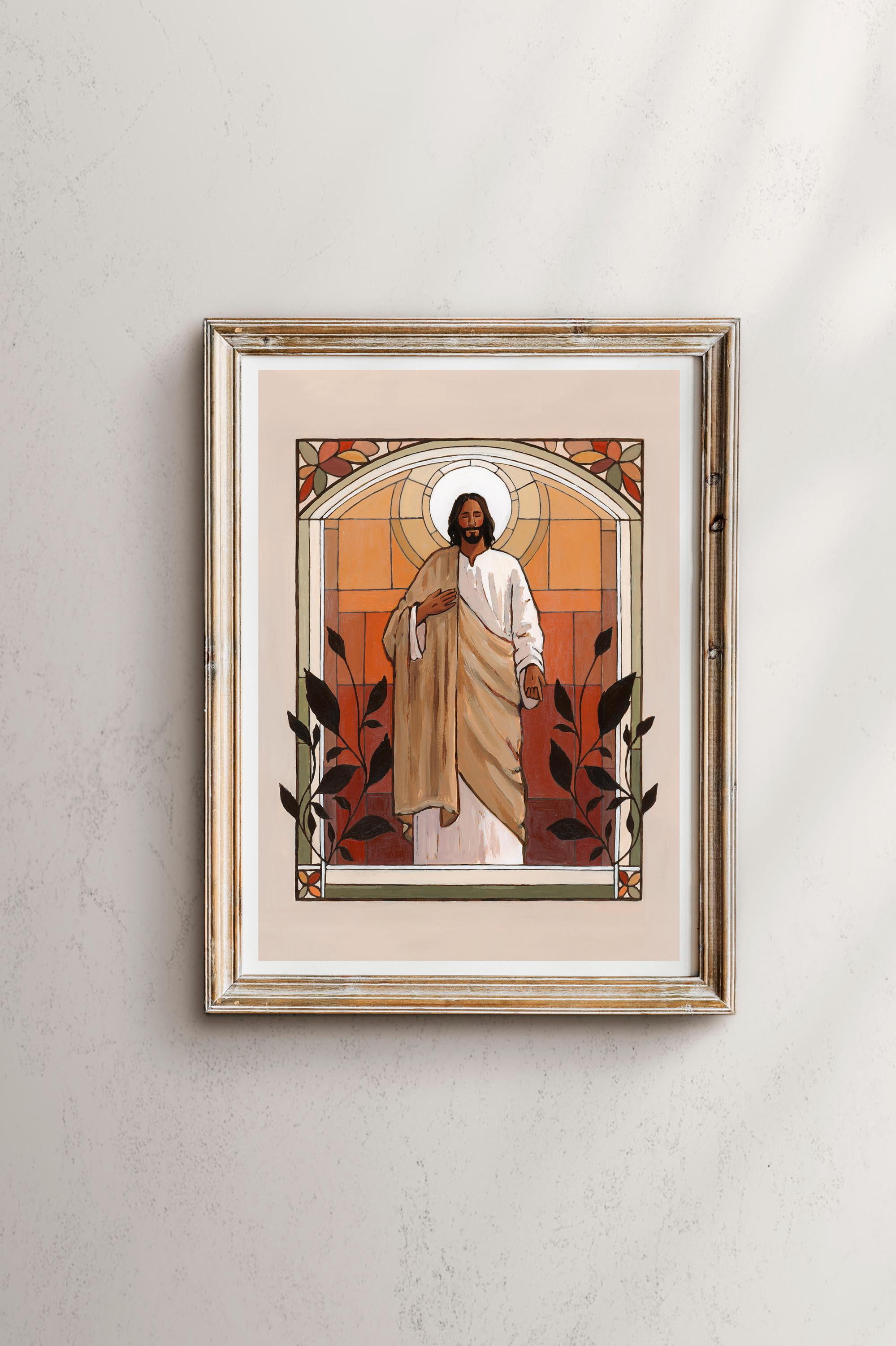 Autumn Jesus Art Print: Stained Glass Style, 'Sacred Autumn' Warm ...