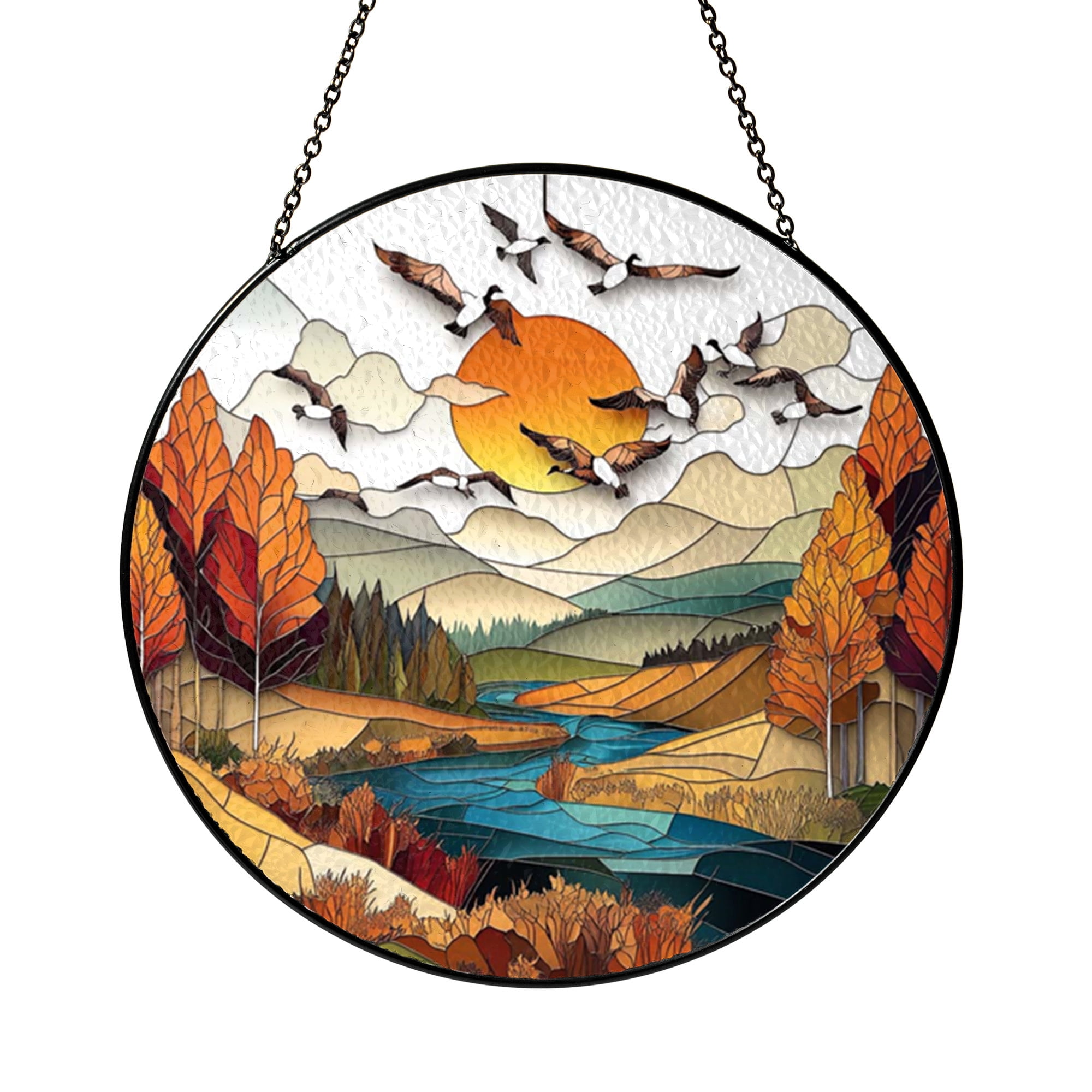 Autumn Lake Bird Window Decor – Stained Glass Style Hanging Art ...