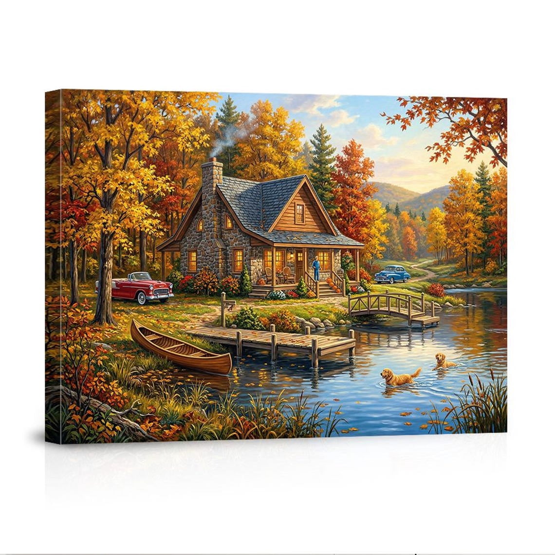 Autumn Lake Cabin Canoe Dogs Rustic Fall Forest Vintage Car For Living ...