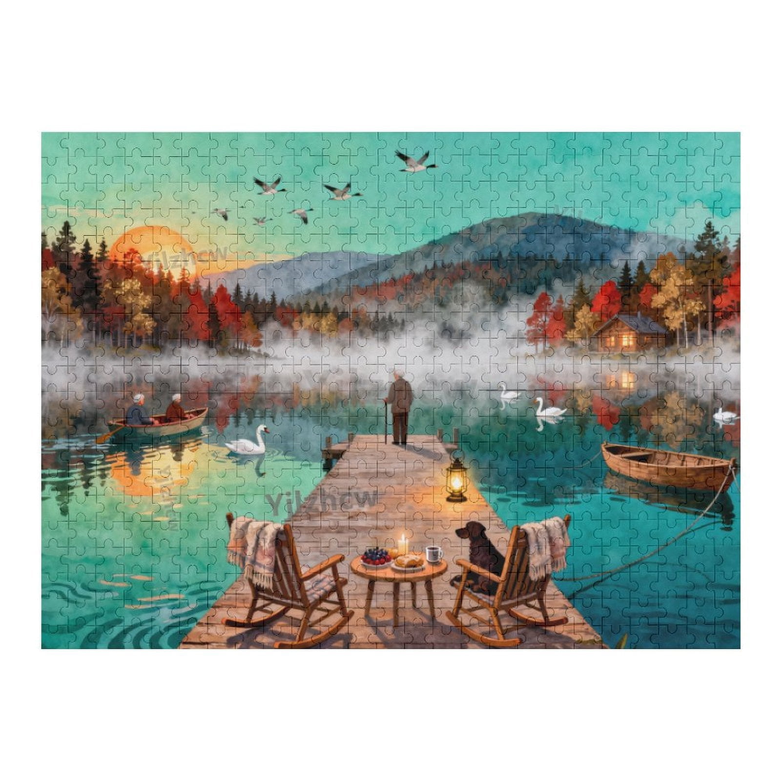 Autumn Lake Cabin Sunset Scene Wooden Jigsaw Puzzle 1000 Pieces for ...