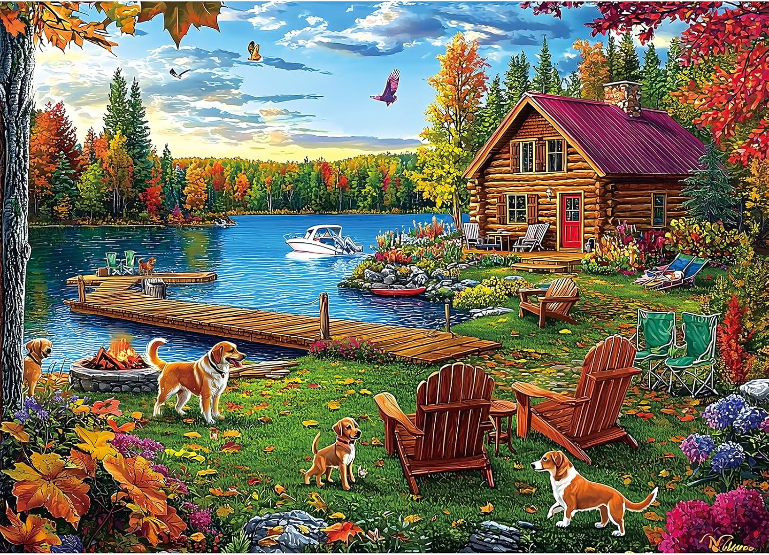 Autumn Lake House 1000 Piece Jigsaw Puzzle, Fall Scenery with Log Cabin ...