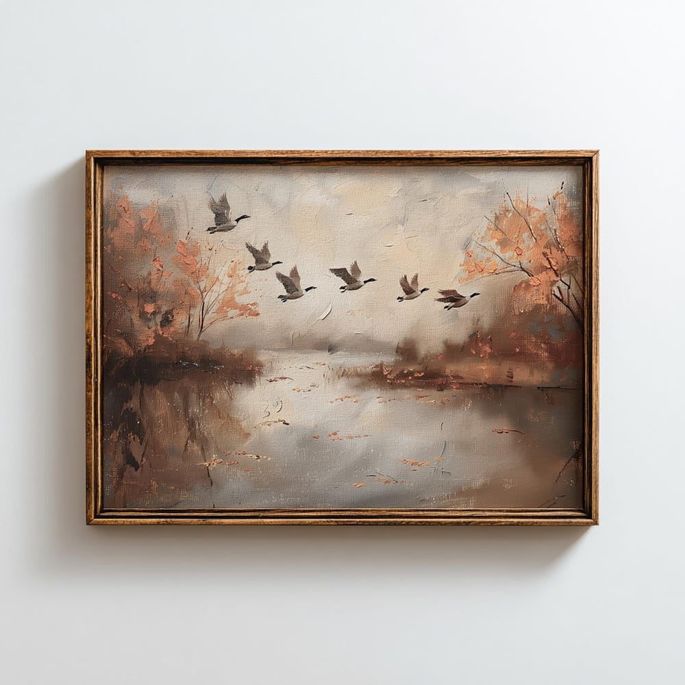 Autumn Lake Landscape Flock Of Geese Print Rustic Fall Trees Wall Art ...