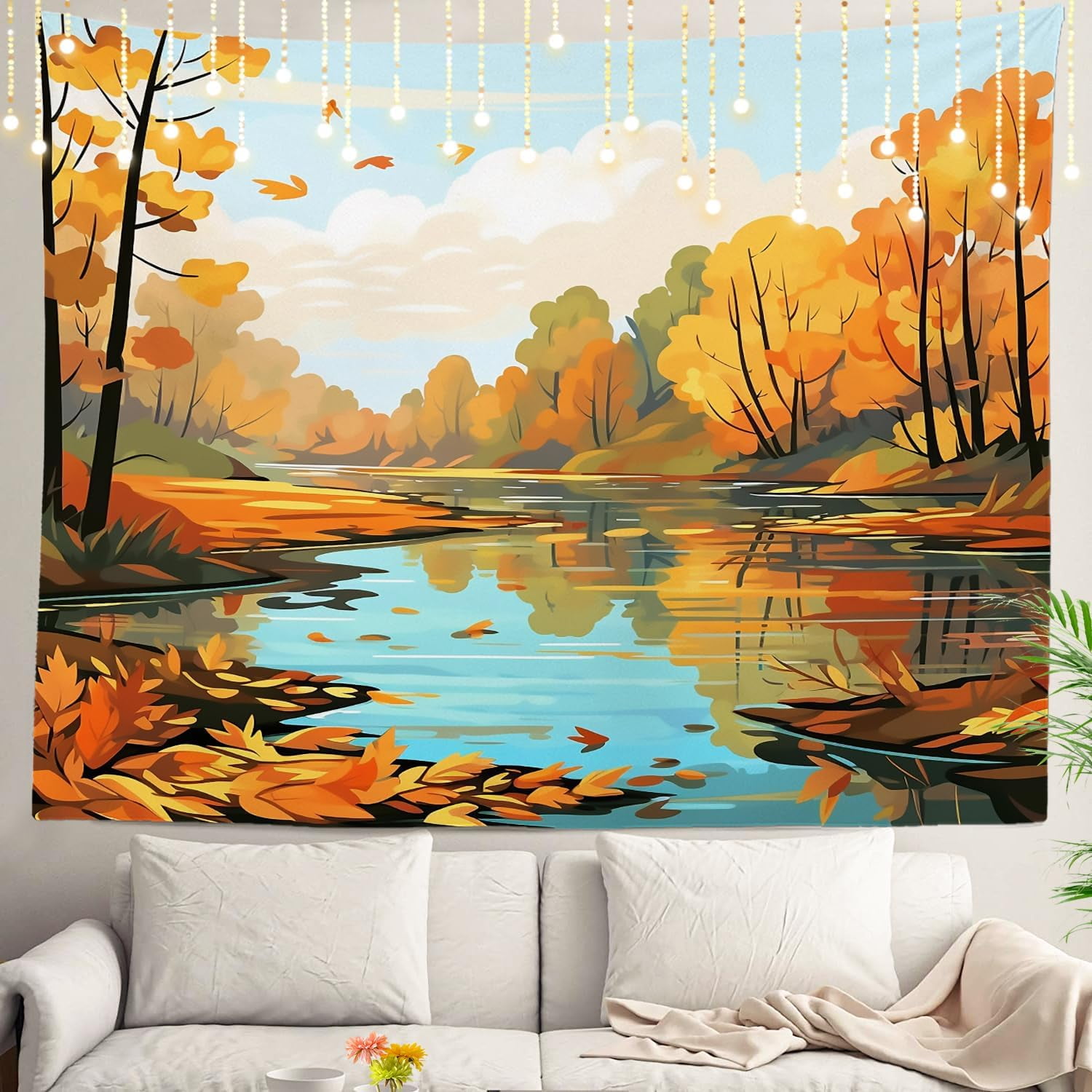 Autumn Lake Landscape Wall Tapestry, Yellow Forest Falling Leaves Wall ...