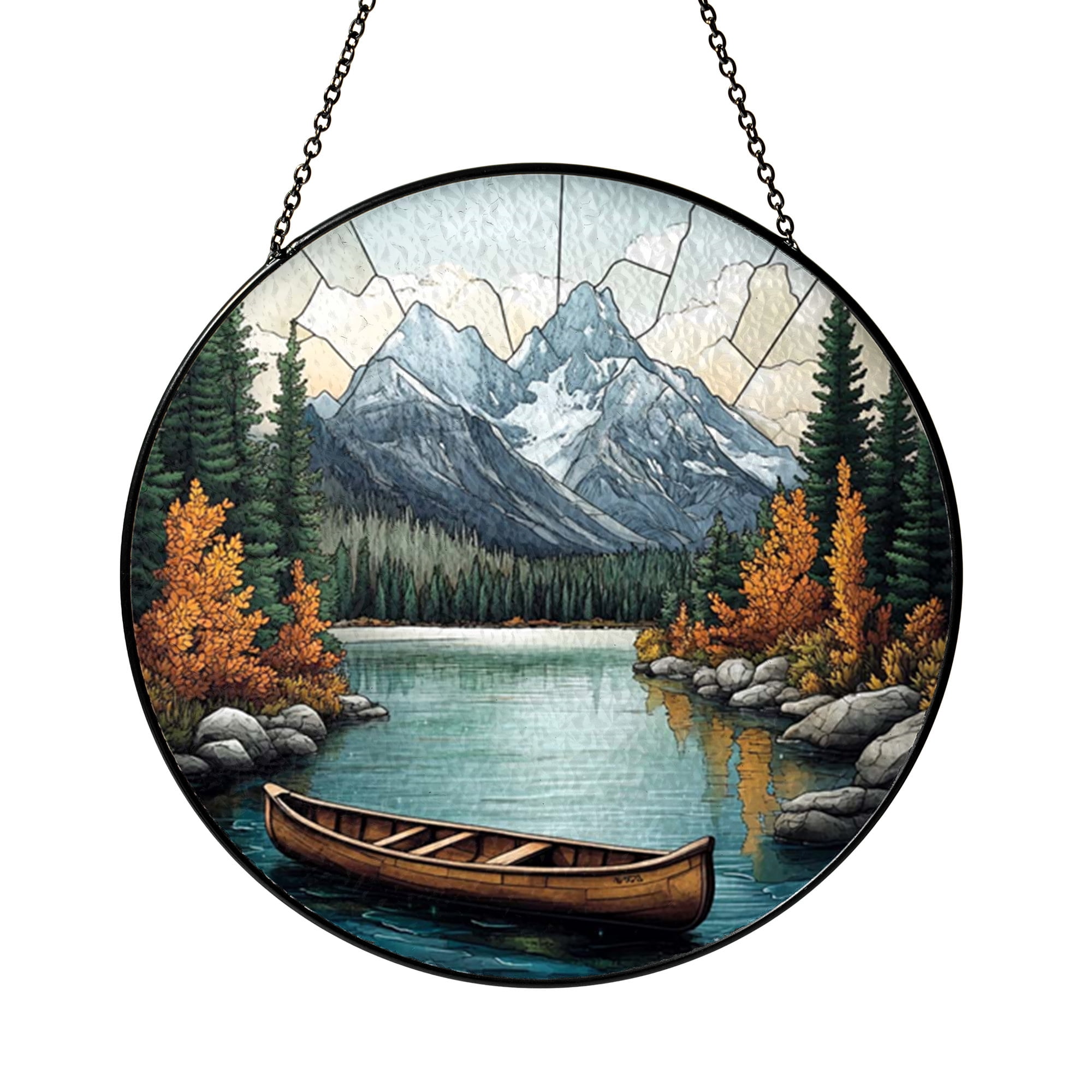 Autumn Lake Mountain Canoe Stained Glass Style Suncatcher Window ...