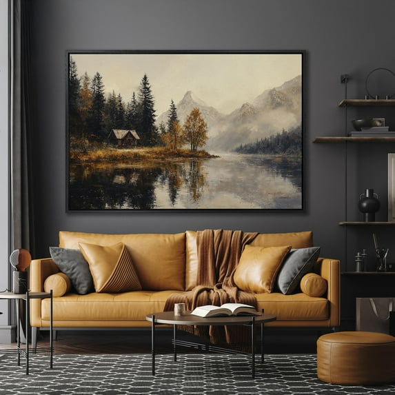 Autumn Lake & Mountain Scene, Poster, Cabin By Lake, Foggy Landscape ...