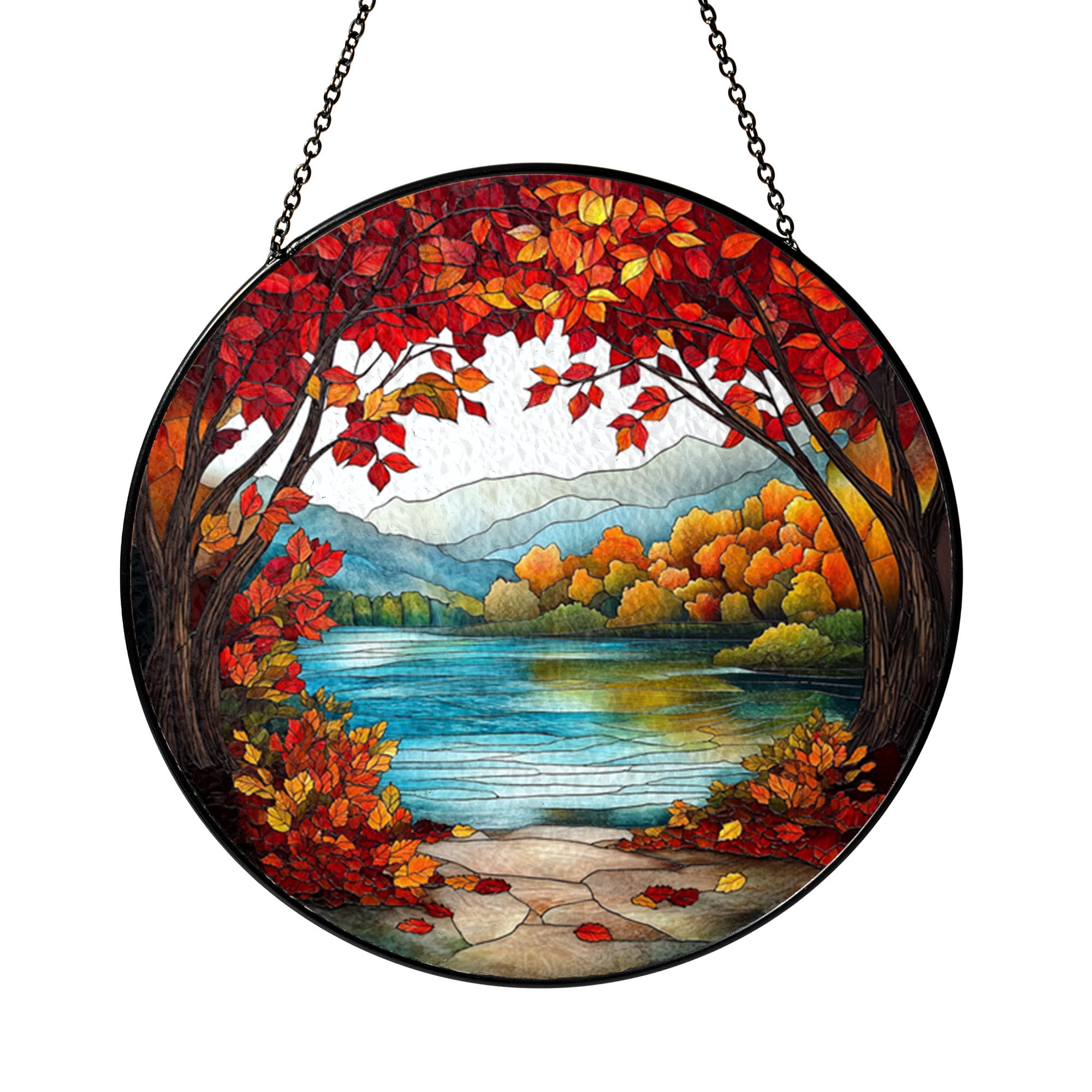 Autumn Lake Stained Glass Suncatcher, Fall Landscape Window Hanging ...