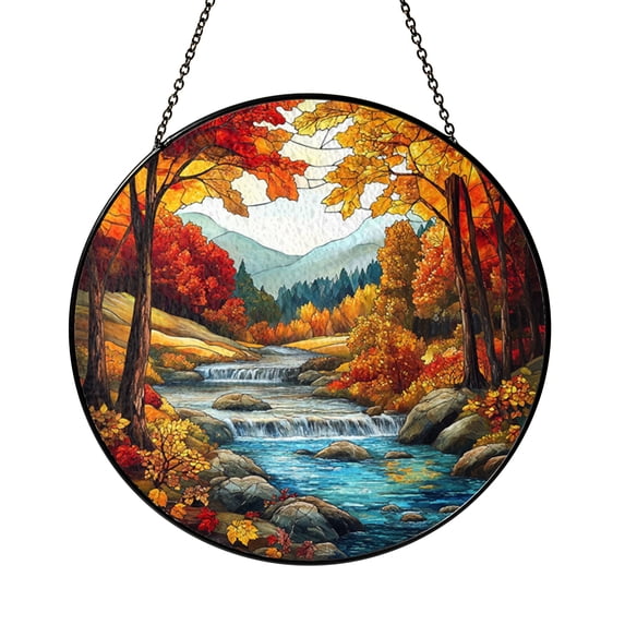 Autumn Lake Stained Glass Suncatcher, Fall Landscape Window Hanging ...