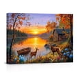Autumn Lakeside Cabin Deer Sunset Wildlife For Rustic Home Canvas ...