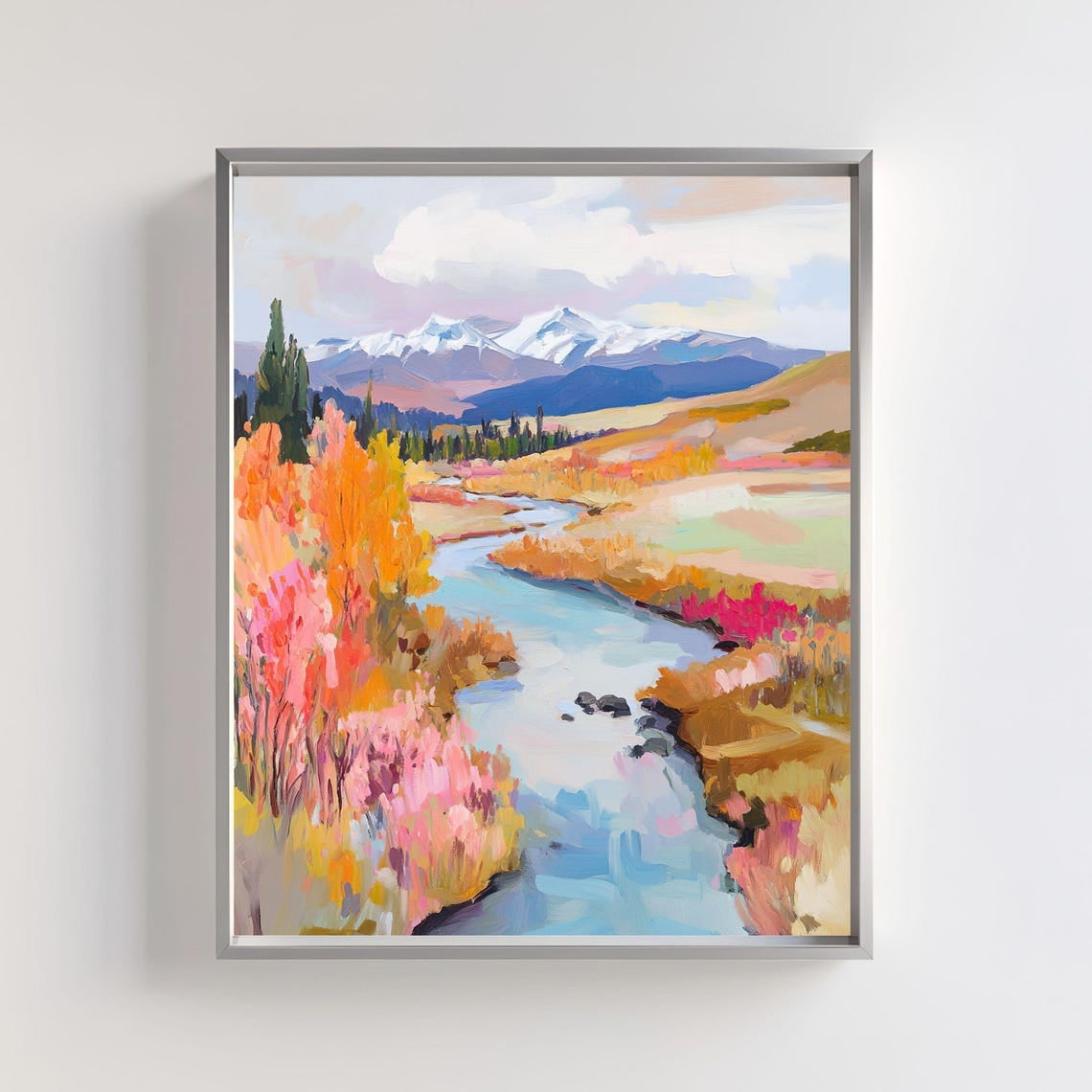 Autumn Landscape Art Print, Vibrant Fall River Scene With Snowy ...