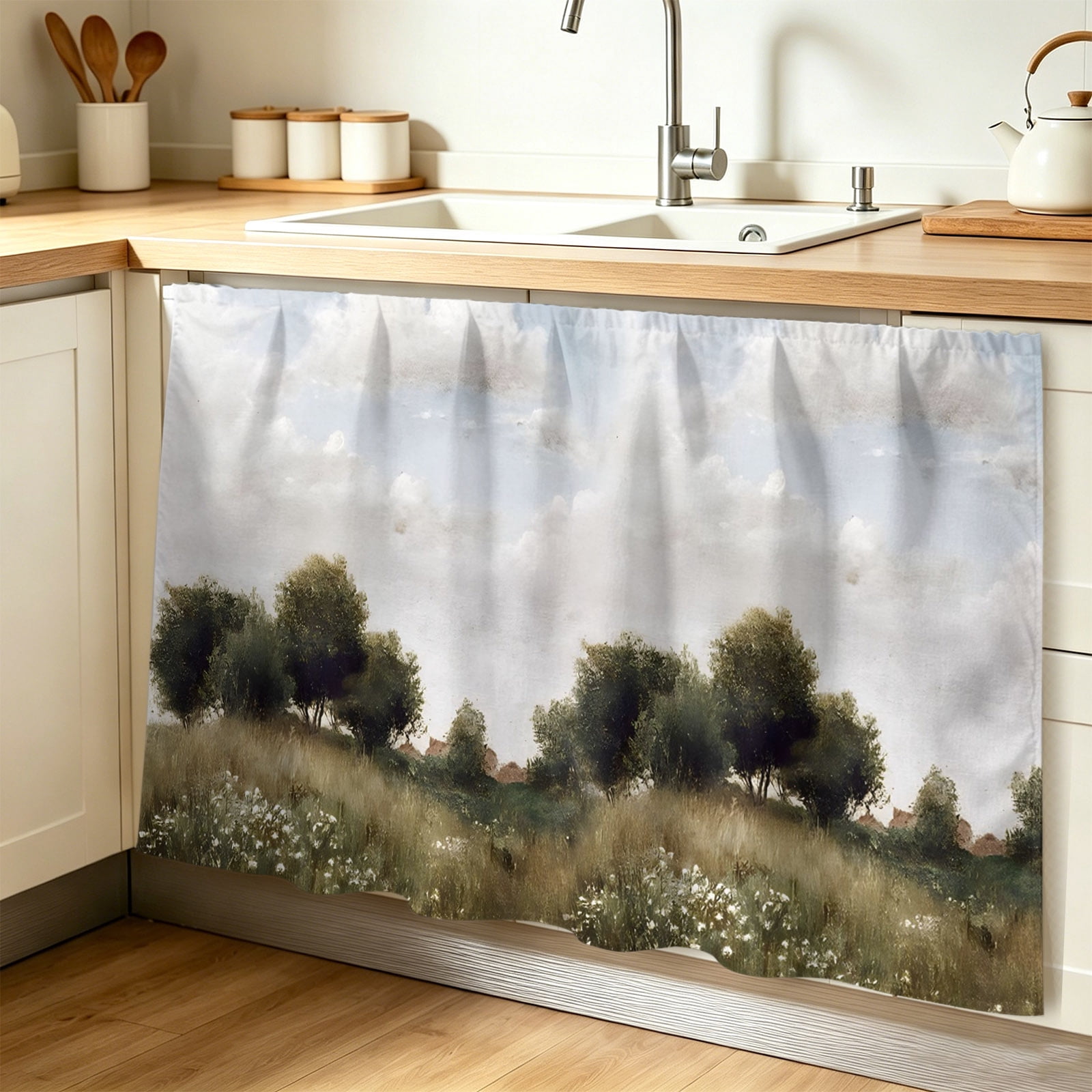 Autumn Landscape Cabinet Curtains for Shelves, Farmhouse Meadow Trees ...