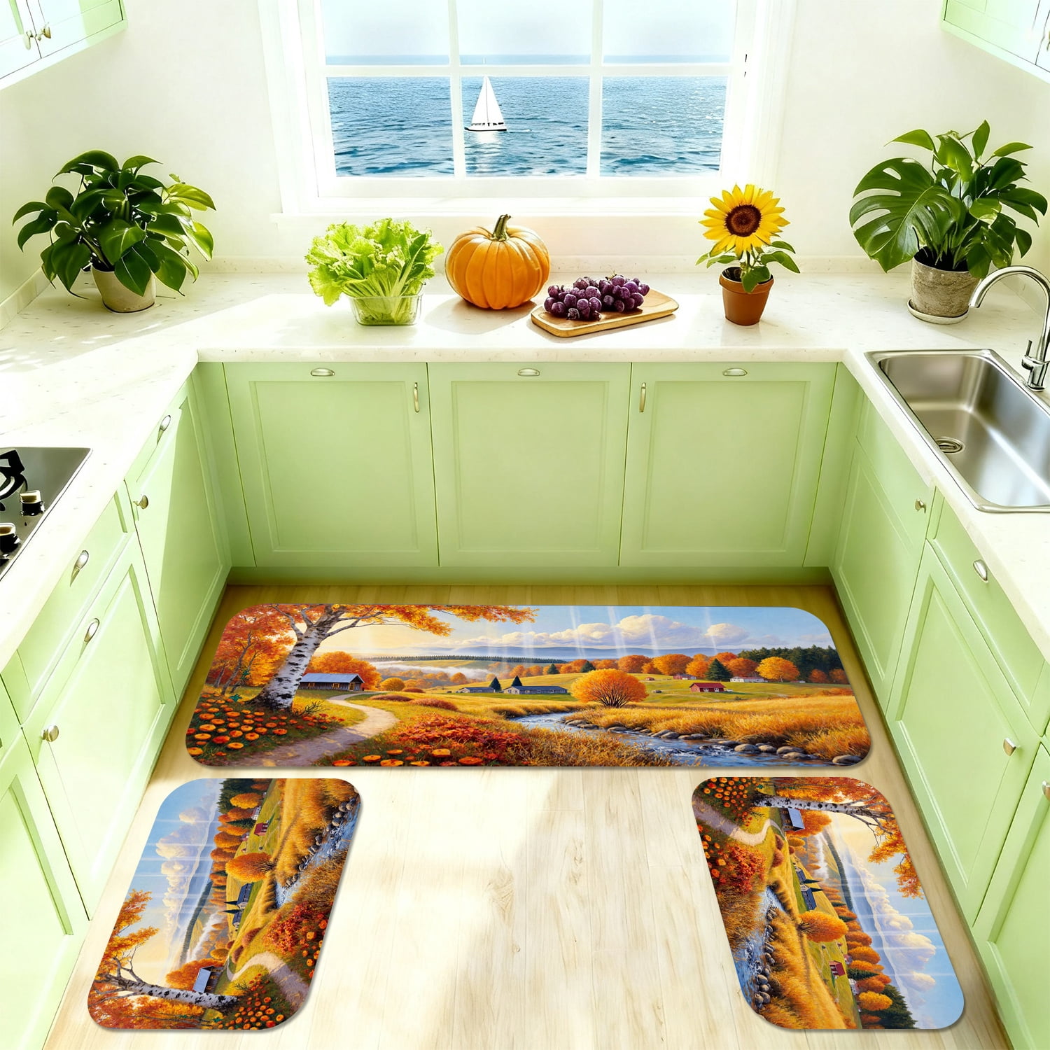Autumn Landscape Cottage Stream Kitchen Rugs Set, 3PC Non-Skid Flannel ...